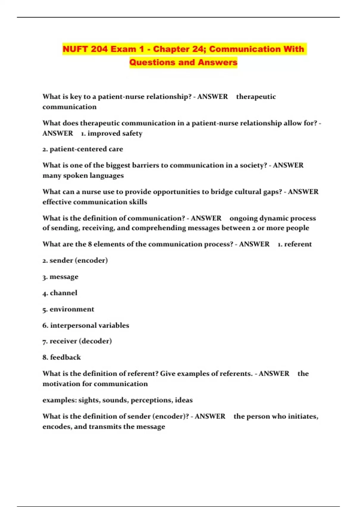 NUFT 204 Exam 1 - Chapter 24; Communication With Questions and Answers - NUFT 204 ...