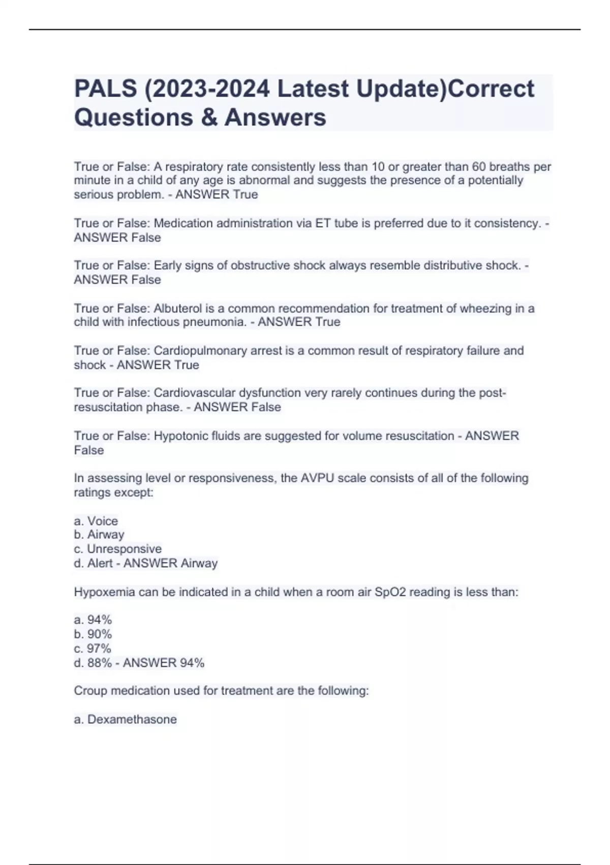 PALS ( Latest Update)Correct Questions & AnswersPALS ( Lat - PALS ...