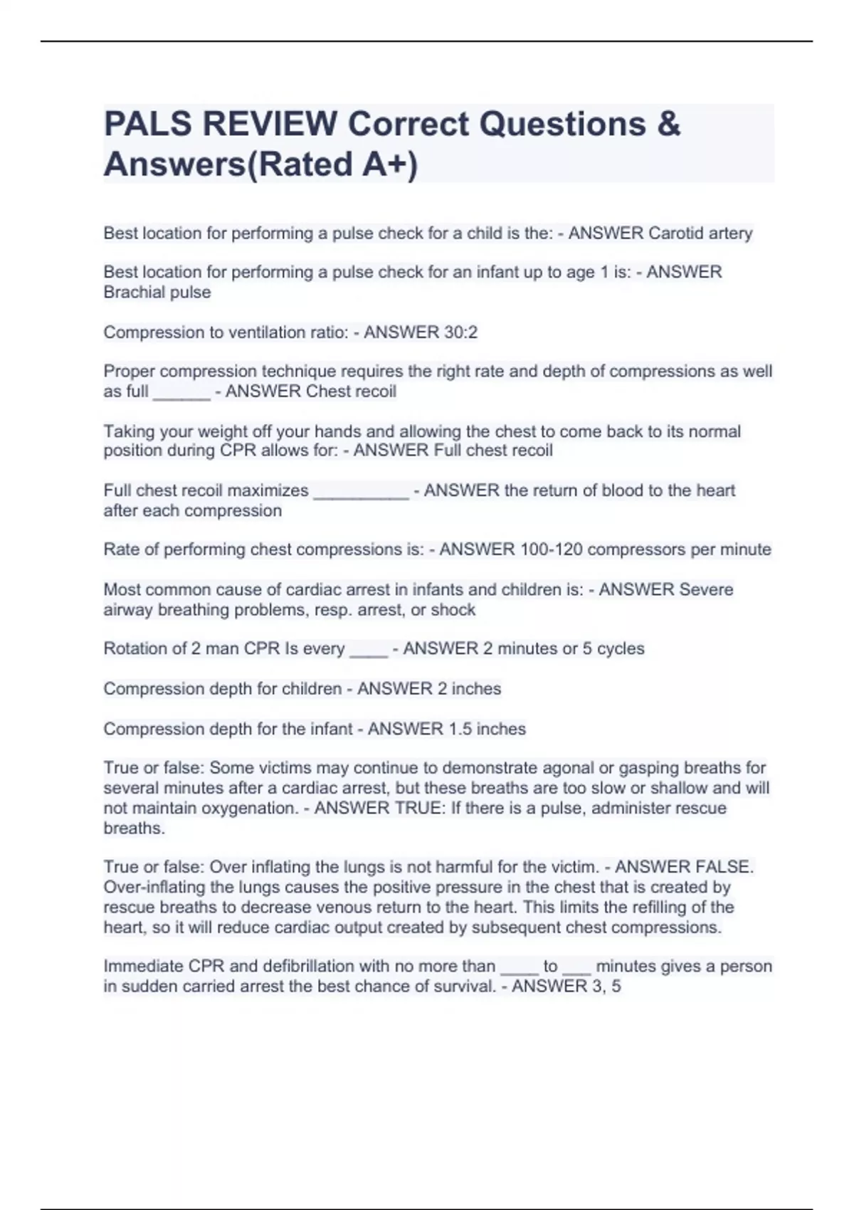 PALS REVIEW Correct Questions & Answers(Rated A+) - PALS - Stuvia US