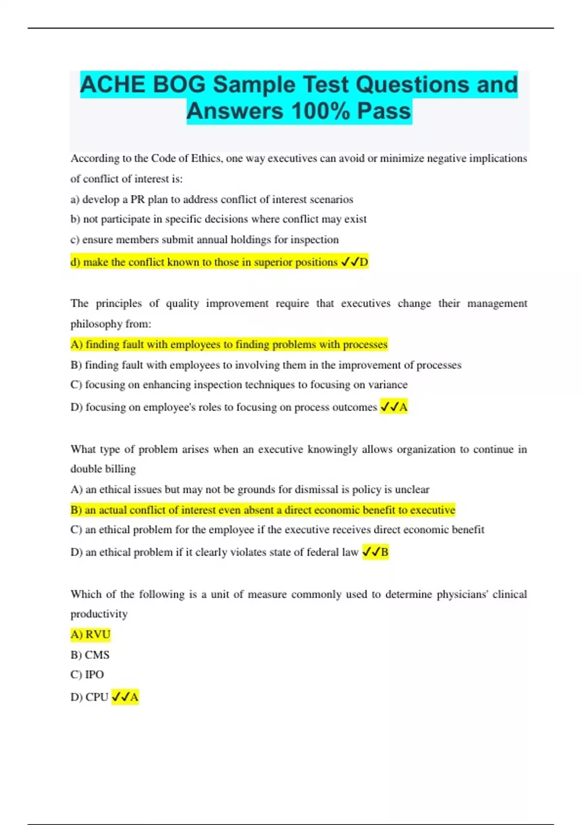 ACHE BOG Sample Test Questions and Answers 100% Pass - ACHE BOG - Stuvia US