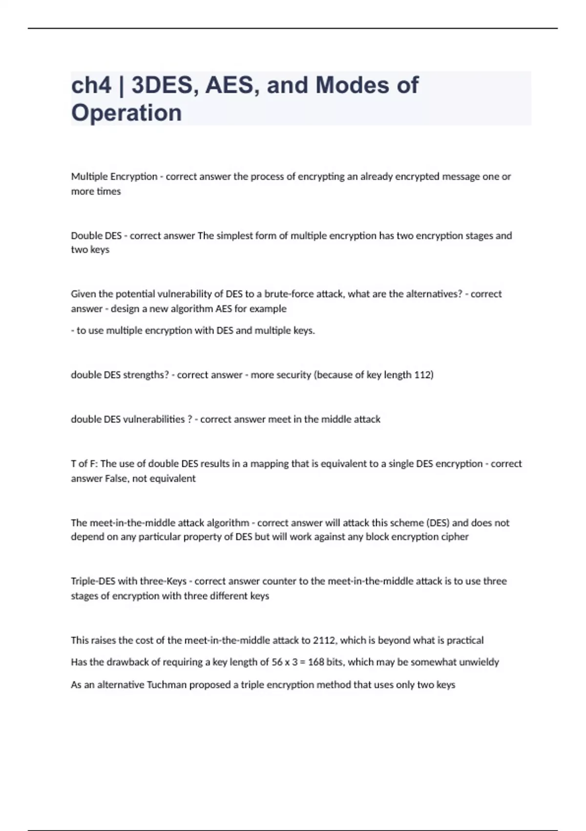 ch4 3DES, AES, and Modes of Operation 2023/2024 verified to pass - AES - Stuvia US