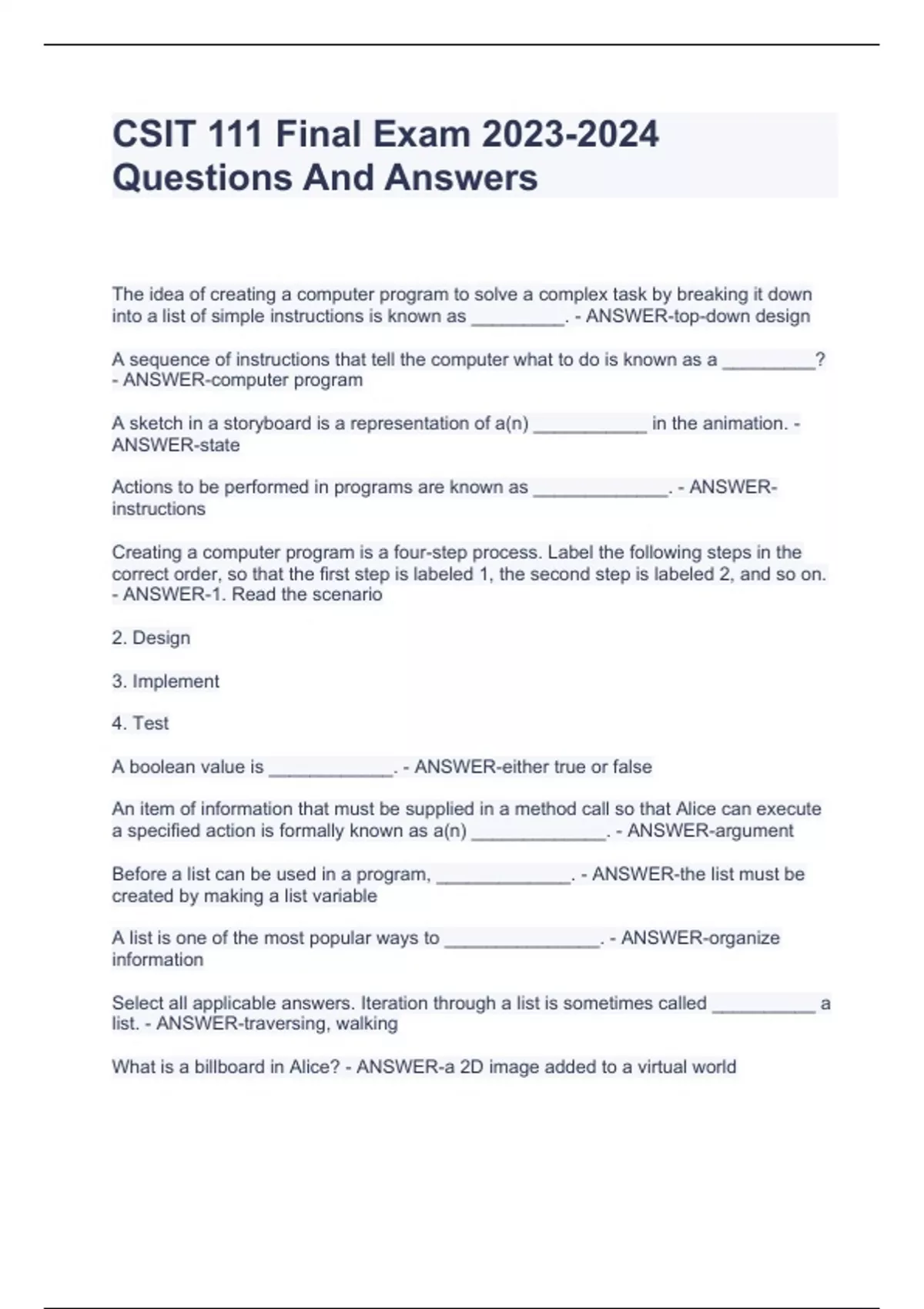 CSIT 111 Final Exam Questions And Answers - CSIT - Stuvia US