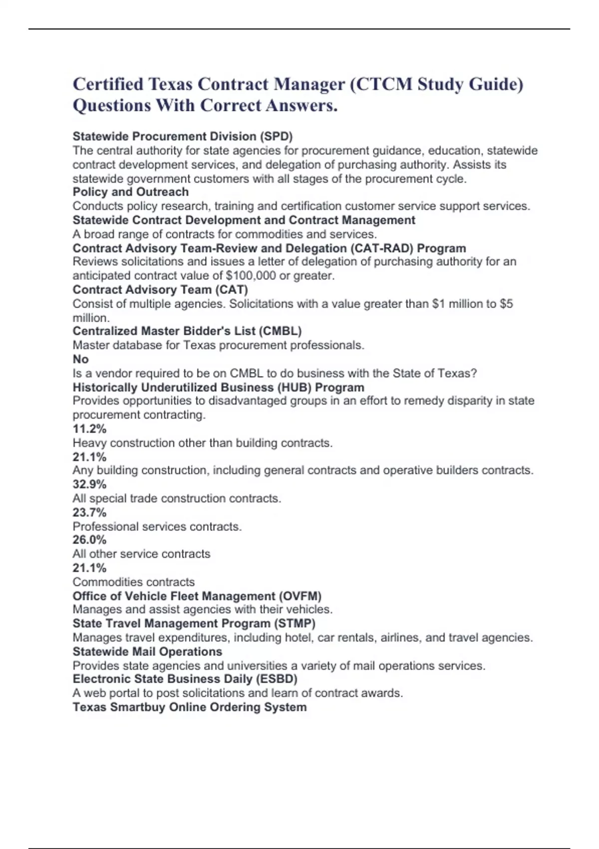 Certified Texas Contract Manager (CTCM Study Guide) Questions With ...