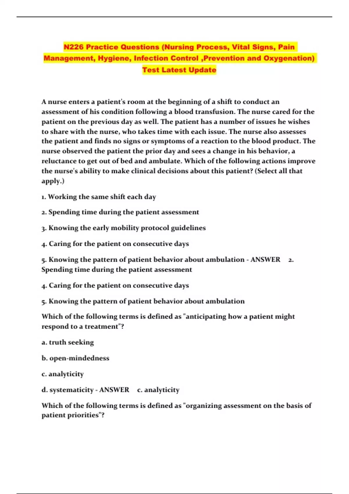 N226 Practice Questions (Nursing Process, Vital Signs, Pain Management ...