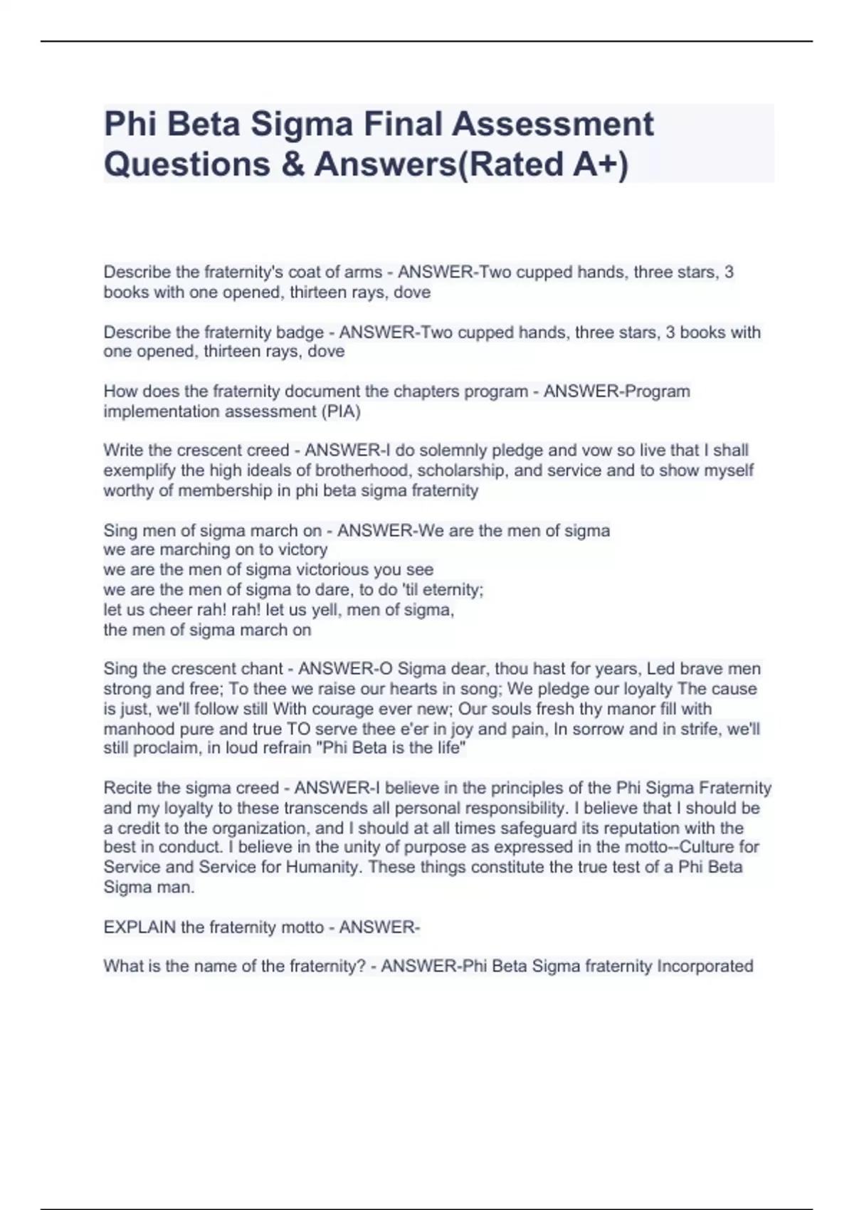 Phi Beta Sigma (Final) Questions & Answers 100% Correct(COMPLETE SOLUTION PACK )EAM BUNDLE ...