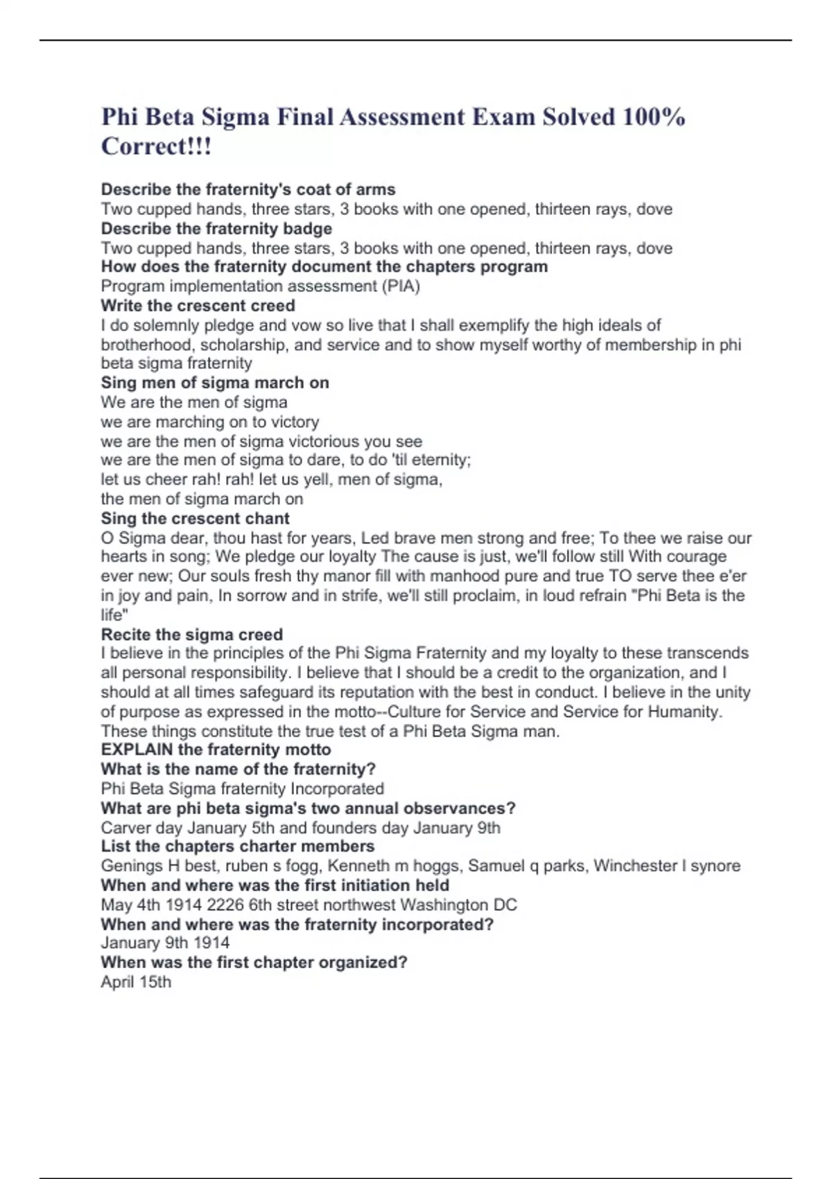 Phi Beta Sigma Final Assessment Exam Solved 100% Correct!!! - Phi Beta Sigma - Stuvia US