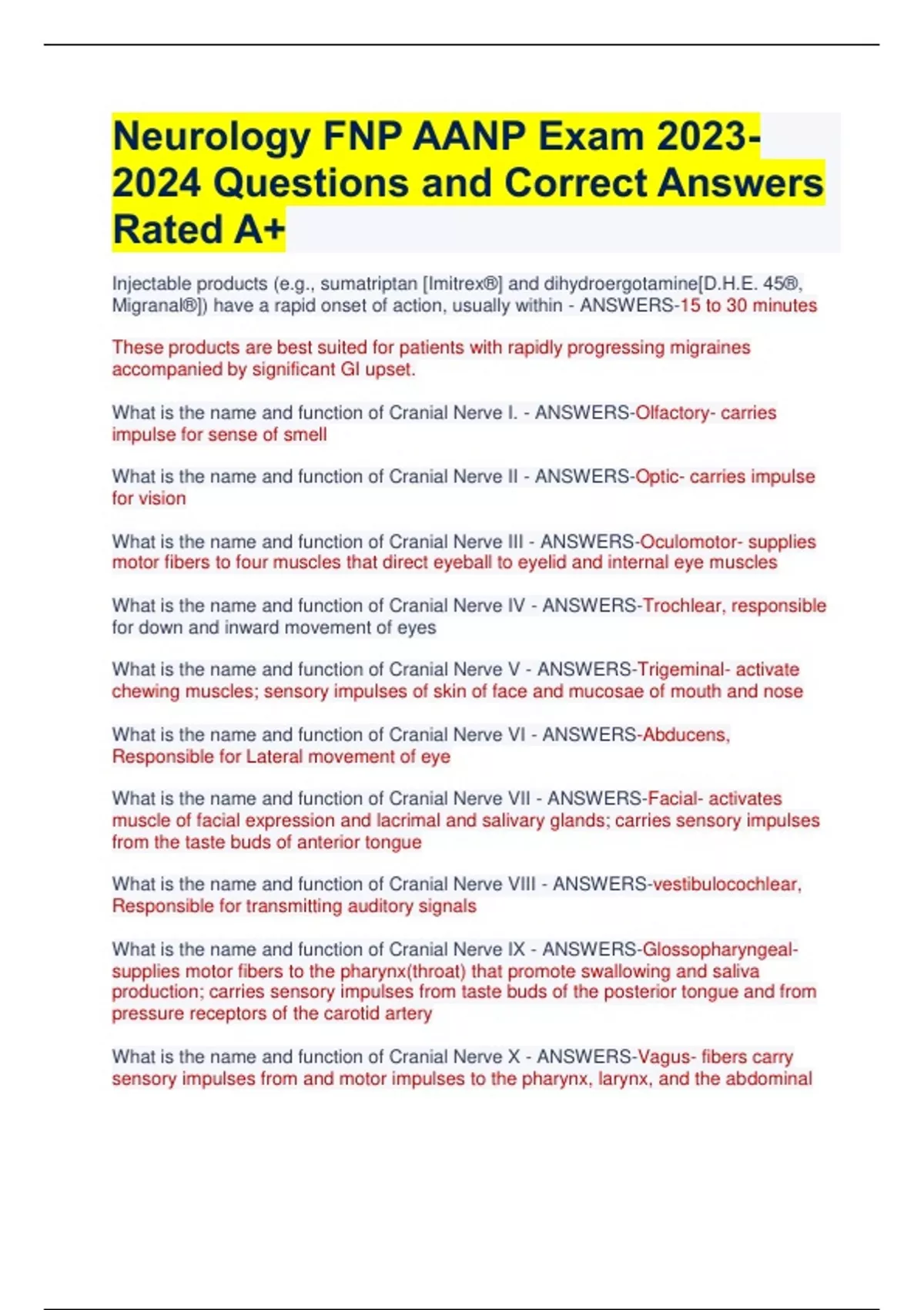 Neurology FNP AANP Exam Questions and Correct Answers Rated A+ ...