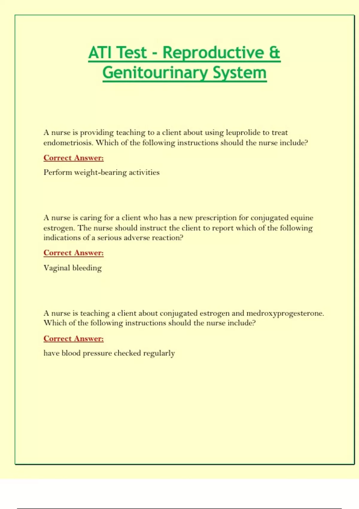 ATI Test - Reproductive & Genitourinary System - ATI Course - Stuvia US