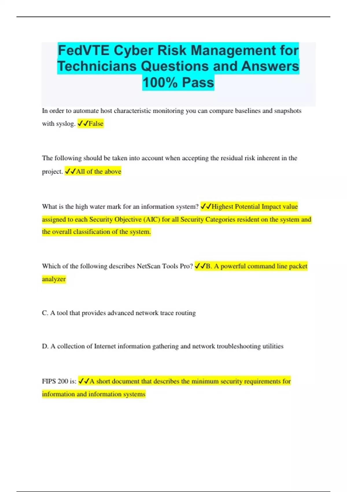 FedVTE Cyber Risk Management for Technicians Questions and Answers 100% ...