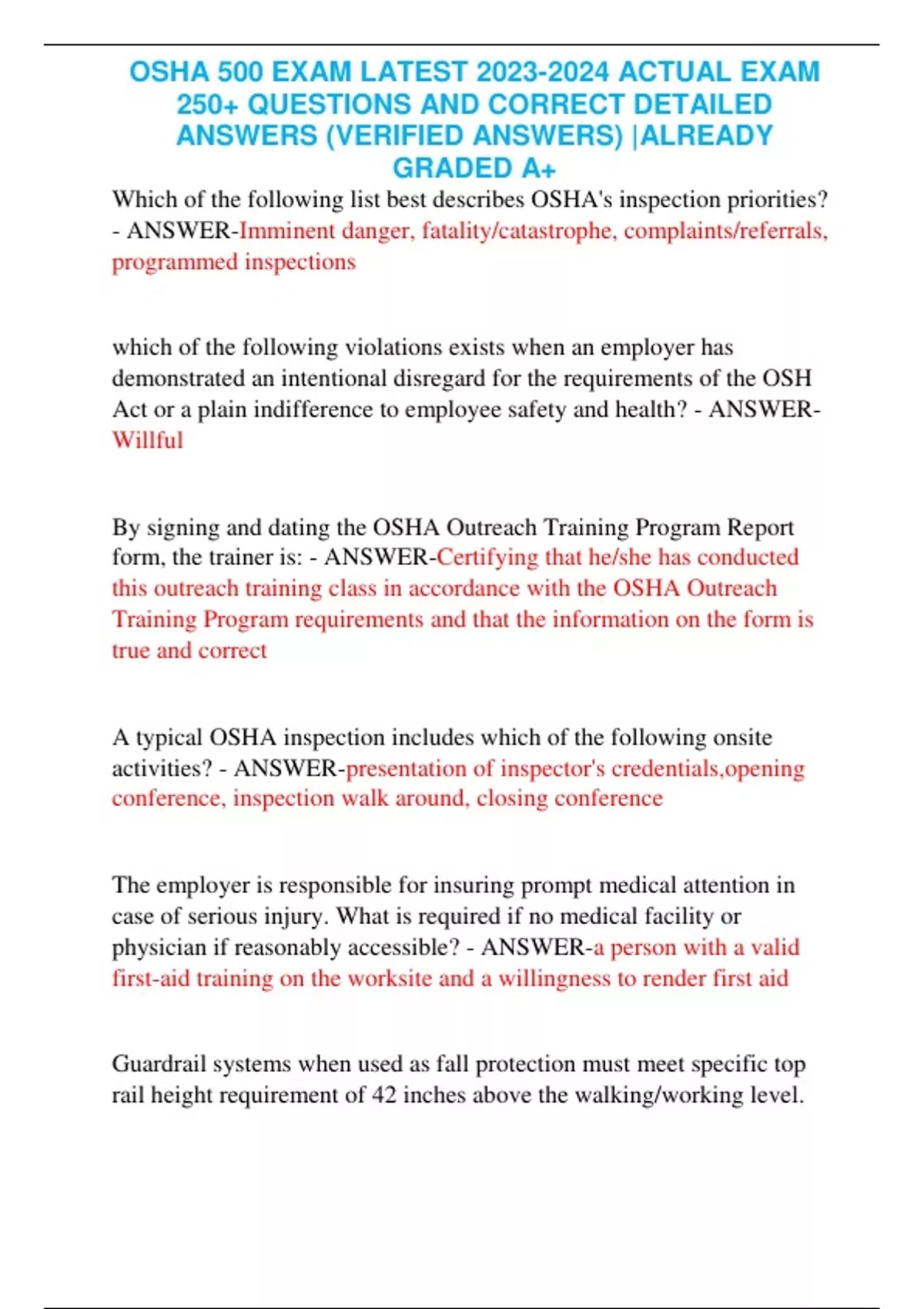 PACKAGE DEAL FOR OSHA EXAMs 2024/2025 QUESTIONS WITH ANSWERS - Stuvia US