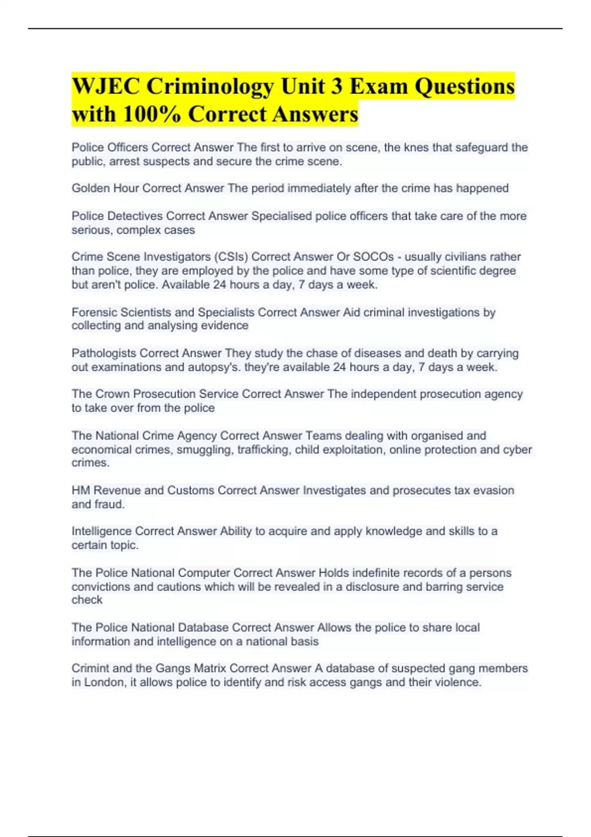 Wjec Criminology Exam Questions With 100 Correct Answers Latest Stuvia Us