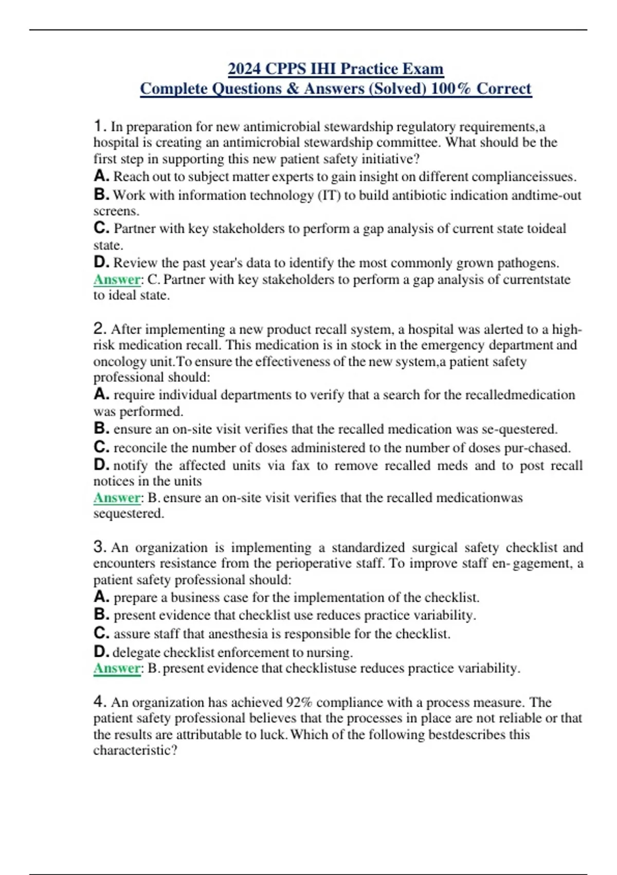 2024 CPPS IHI Practice Exam Complete Questions & Answers (Solved) 100% Correct - CPPS IHI ...