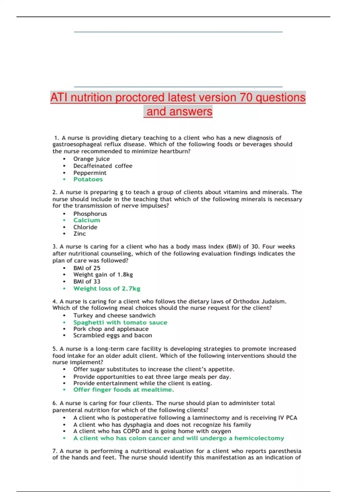 ATI nutrition proctored latest version 70 questions and answers 100% ...