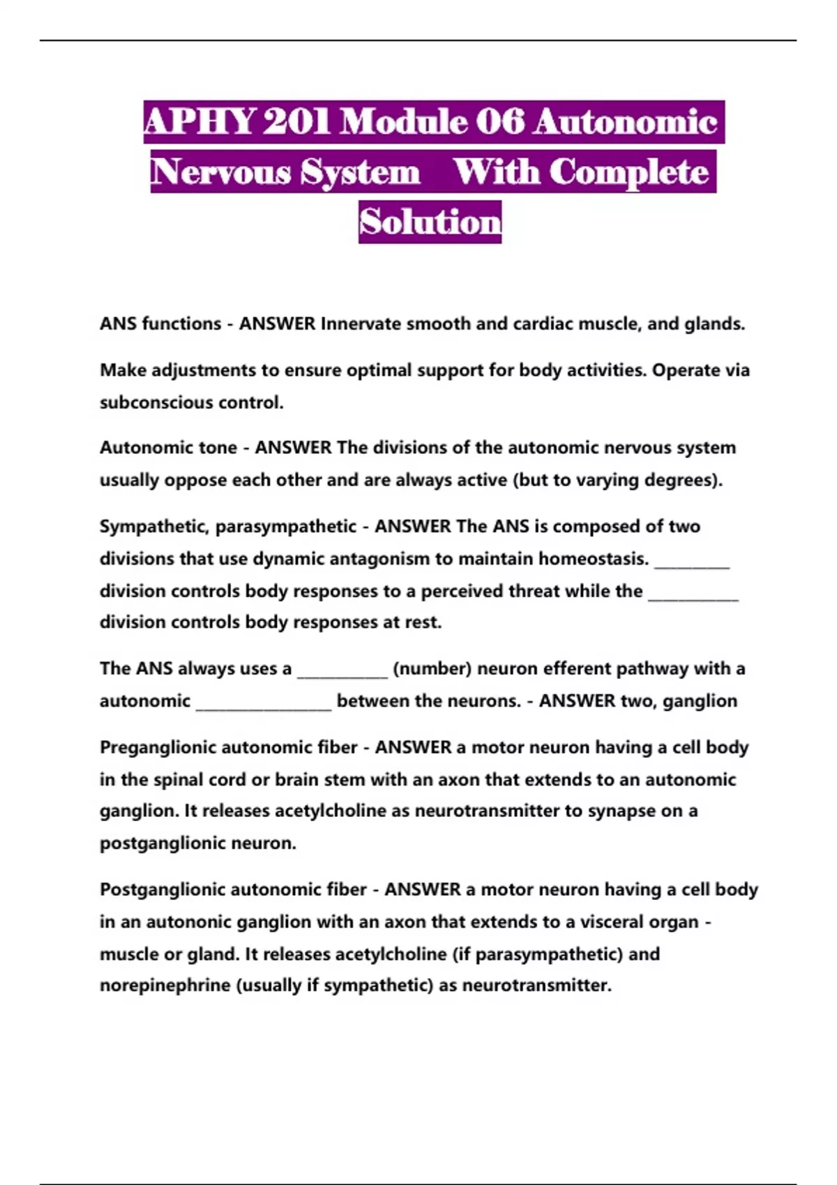 APHY 201 Module 06 Autonomic Nervous System With Complete Solution ...