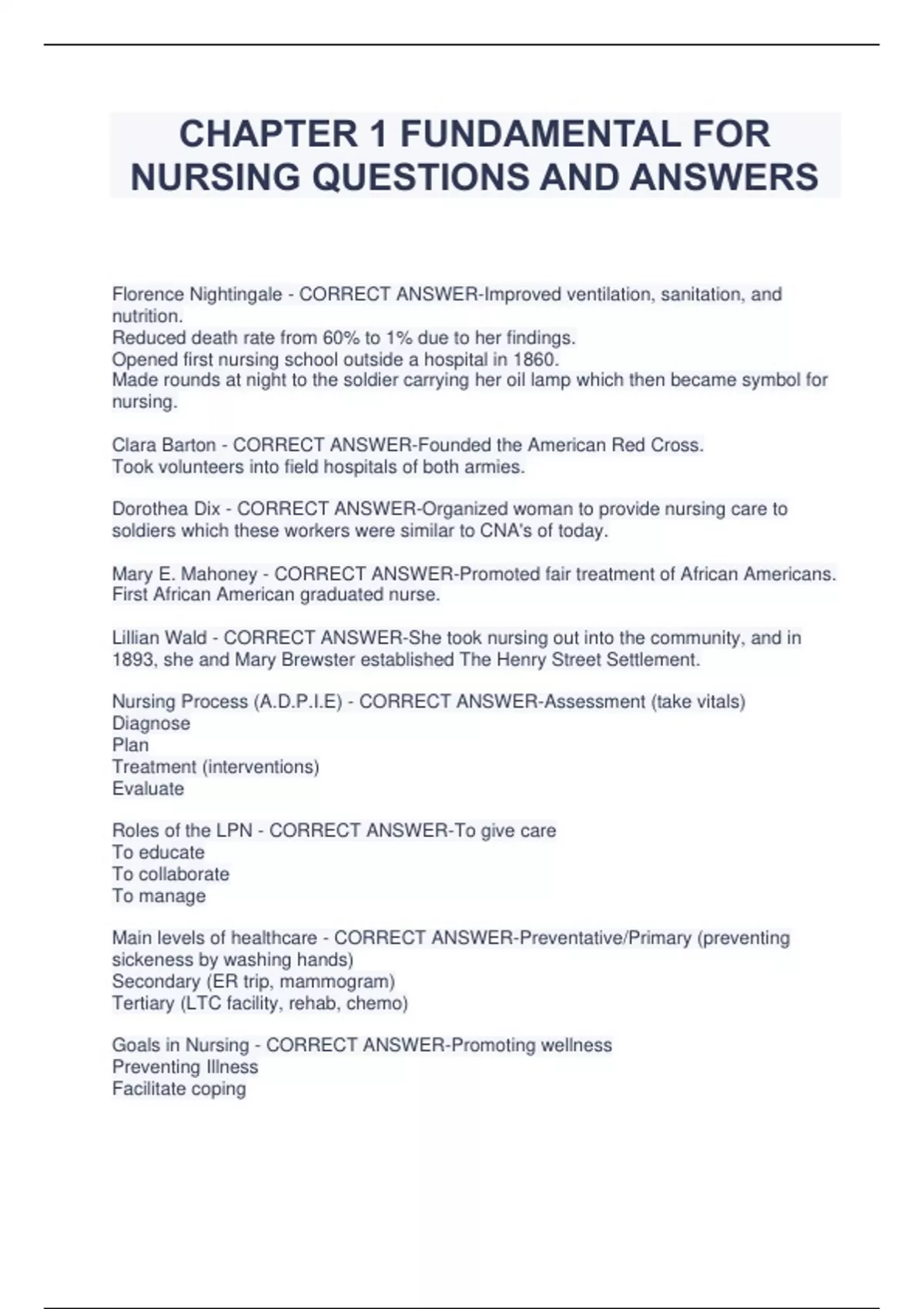 CHAPTER 1 FUNDAMENTAL FOR NURSING QUESTIONS AND ANSWER - CHAPTER 1 ...