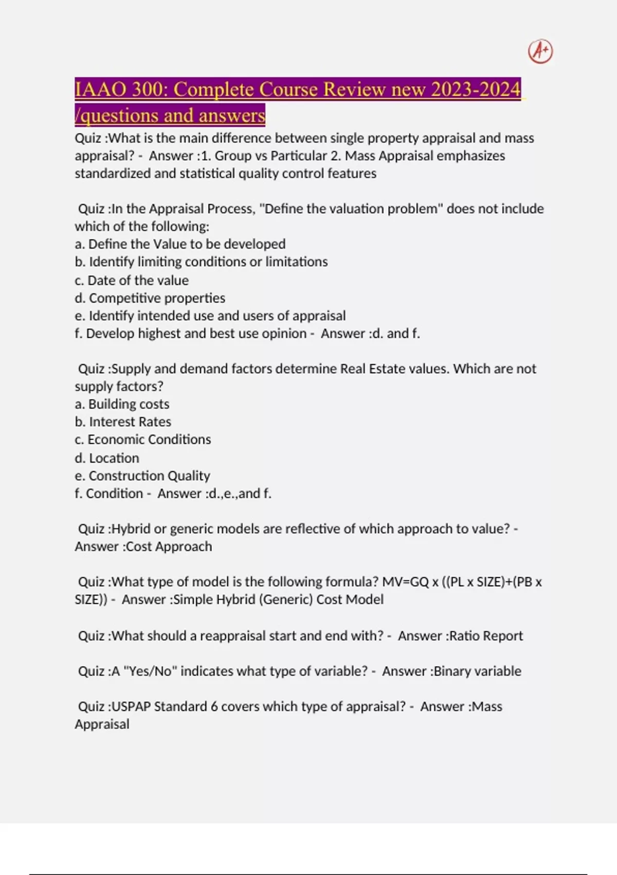 IAAO 300: Complete Course Review new /questions and answers - IAAO 300 ...