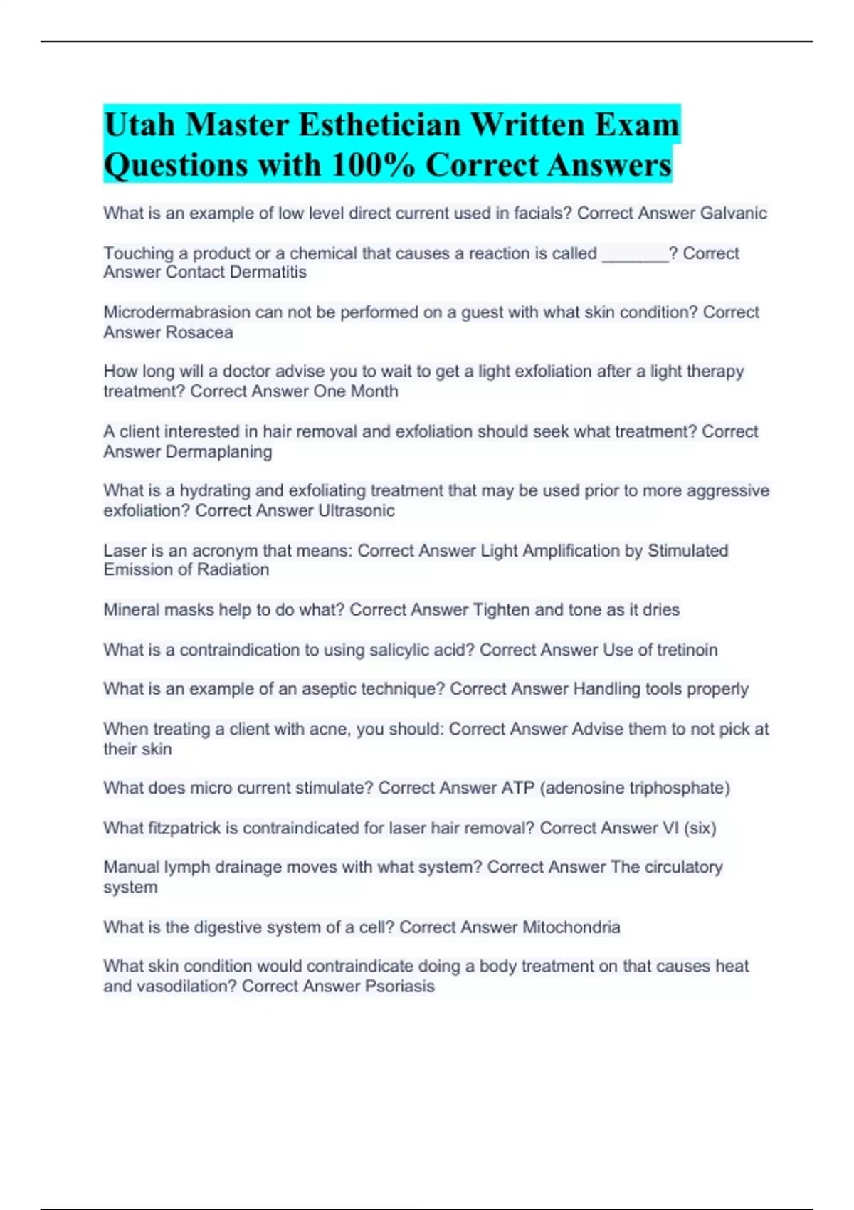 Utah Master Esthetician Written Exam Questions with 100% Correct ...