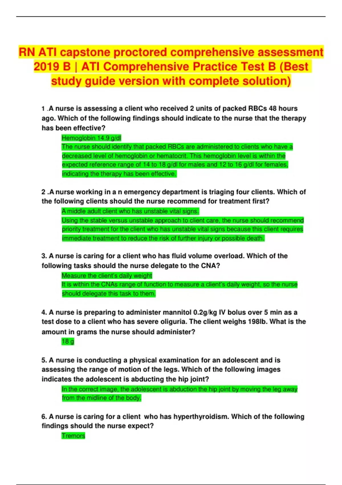RN ATI capstone proctored comprehensive assessment 2019 B | ATI ...
