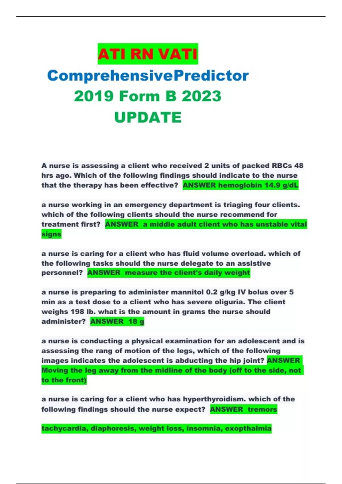 ATI RN VATI ComprehensivePredictor 2019 Form B 2023 UPDATE - HSA ...