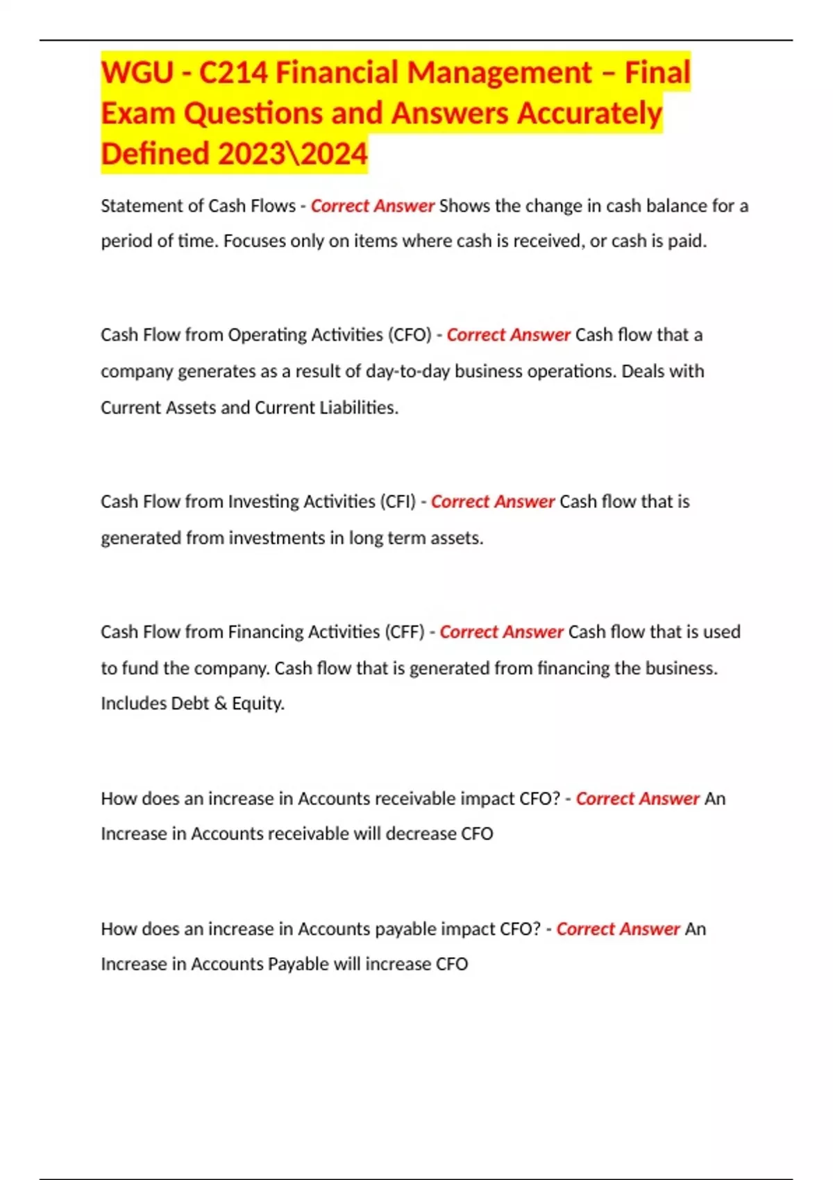 WGU - C214 Financial Management – Final Exam Questions and Answers Accurately Defined - WGU ...
