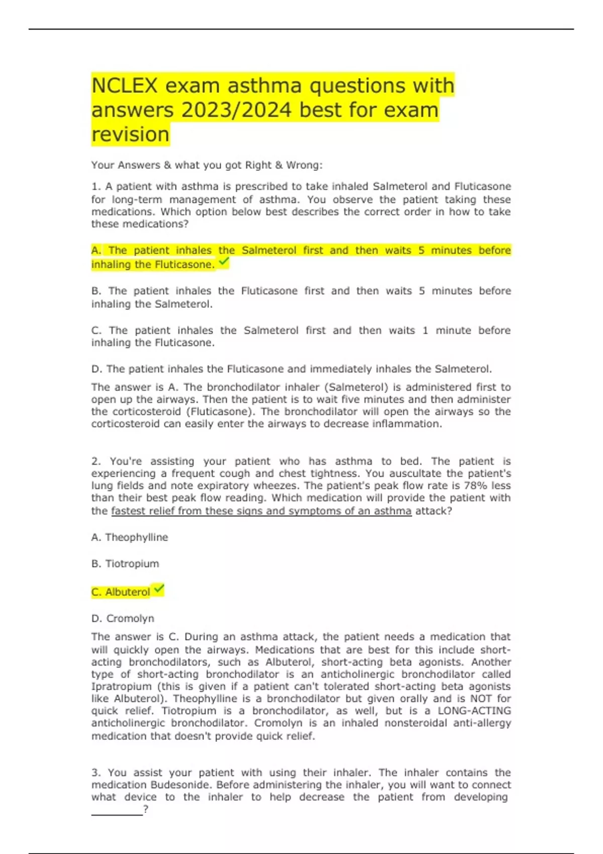 NCLEX exam asthma questions with answers 2023/2024 best for exam ...