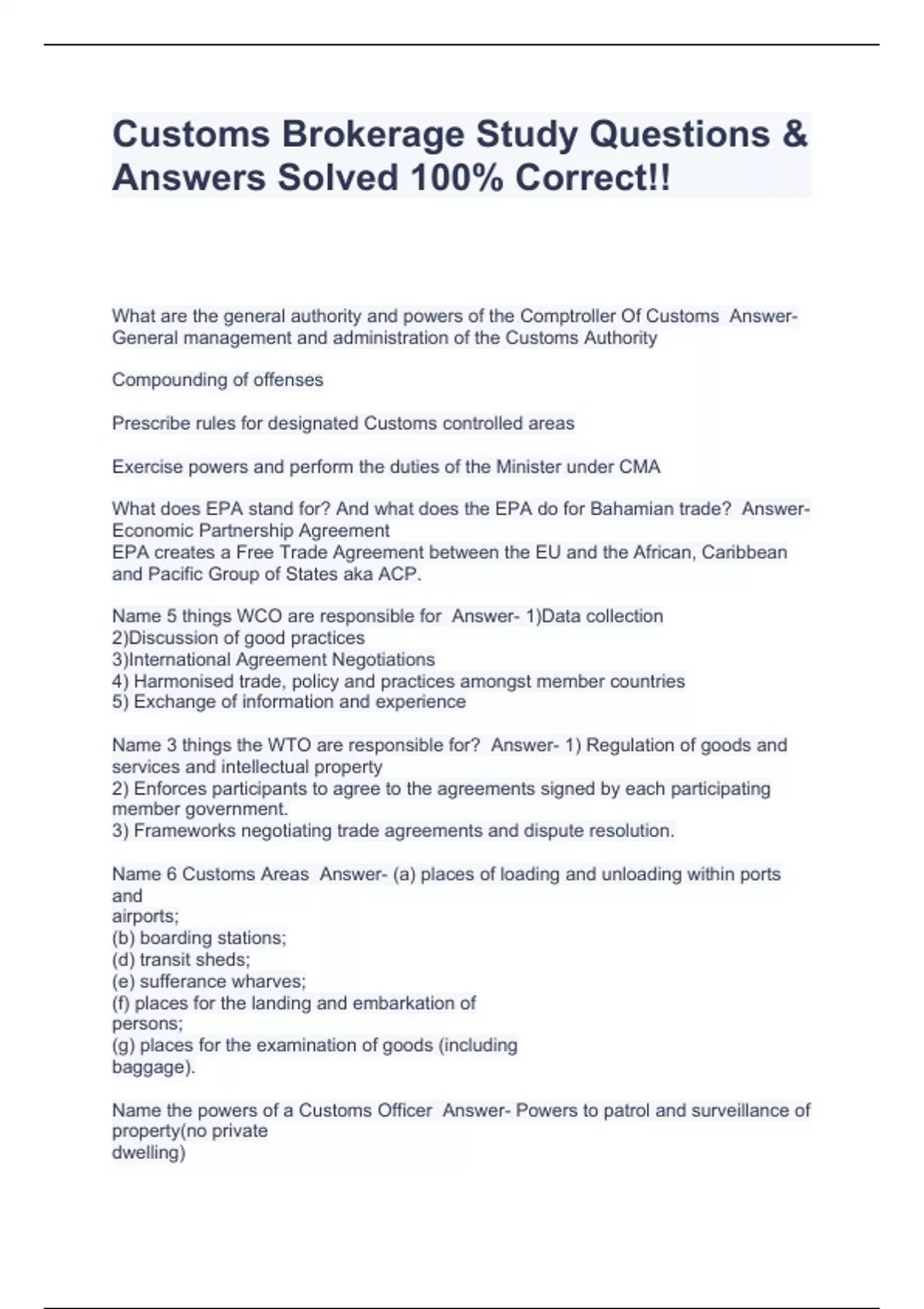 Customs Brokerage Study Questions & Answers Solved 100% Correct ...