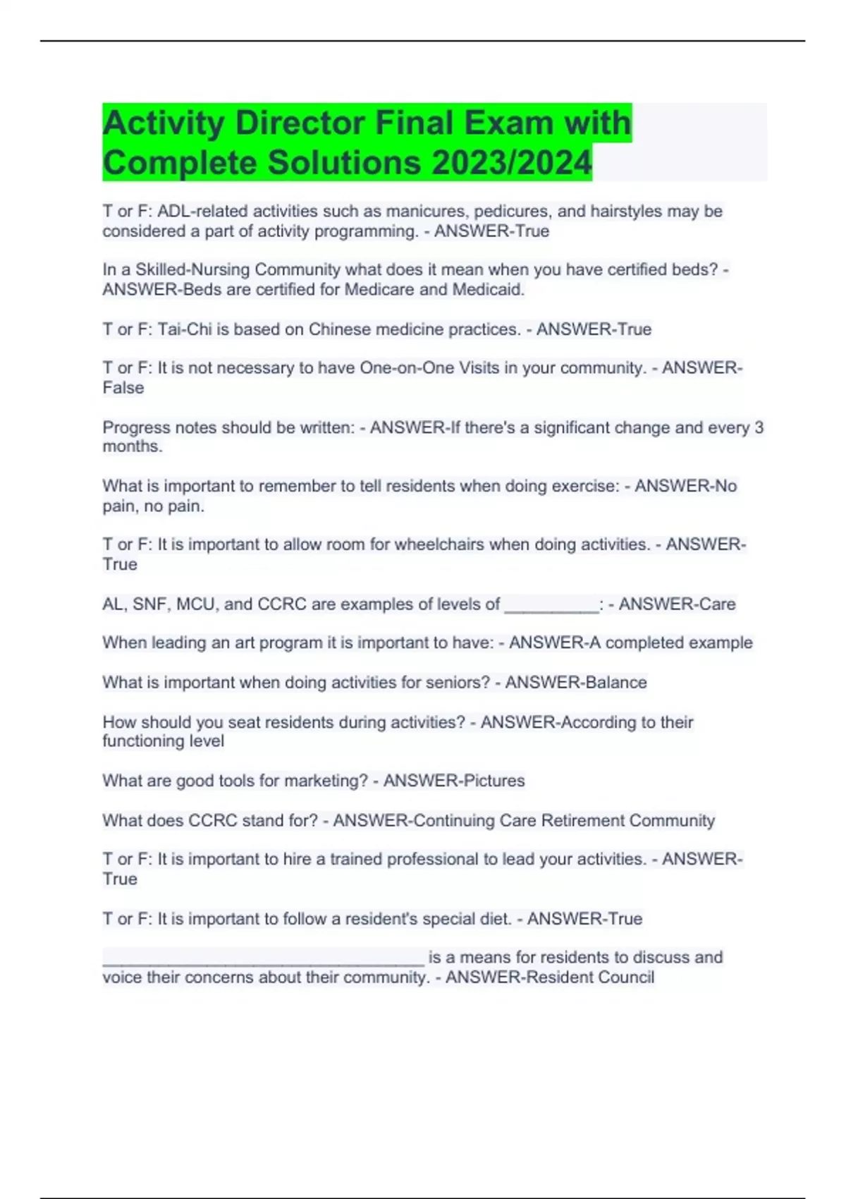 Activity Director Final Exam with Complete Solutions 2023/2024 ...
