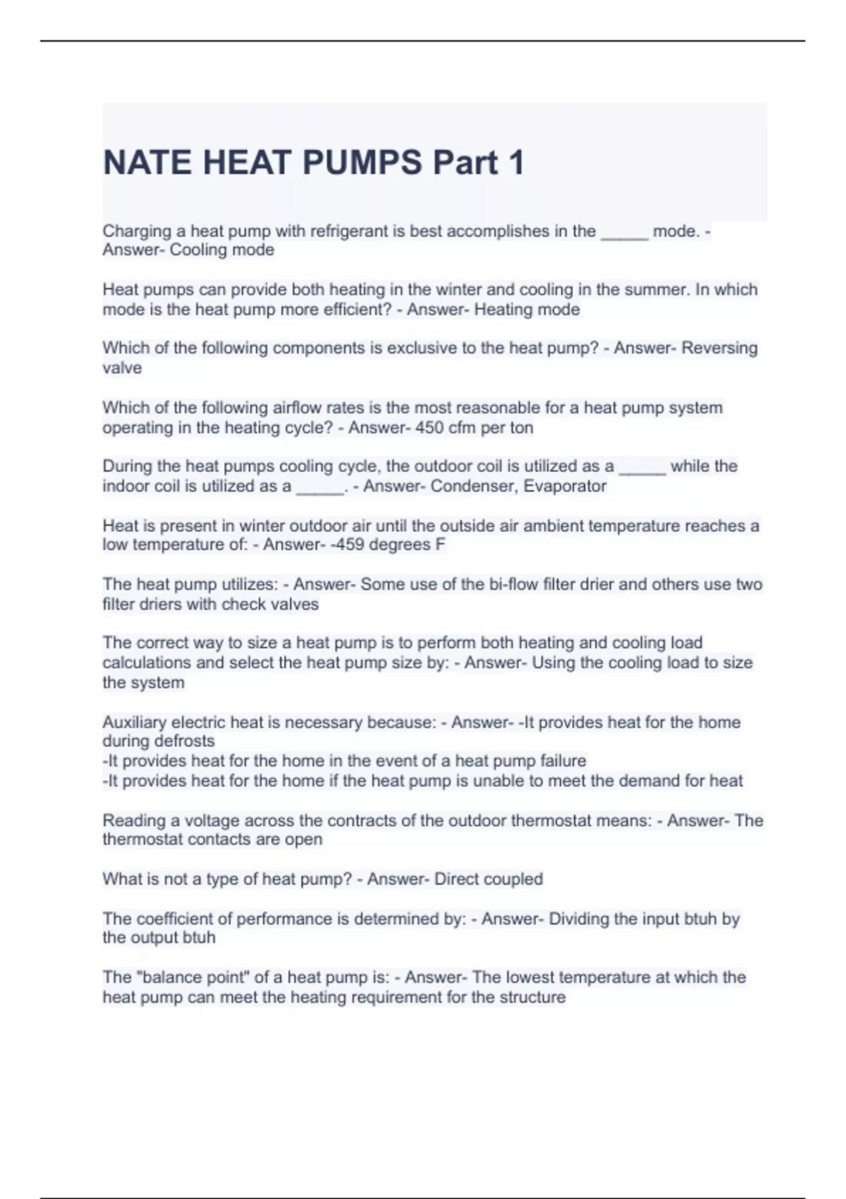 NATE HEAT PUMPS Part 1 Exam Questions with correct Answers - NATE Heat ...