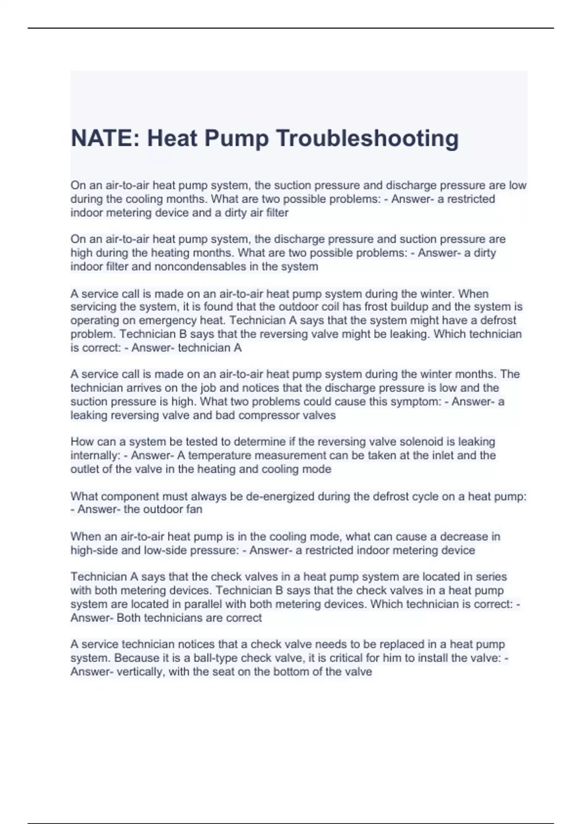 NATE Heat Pump Troubleshooting Exam with complete solutions - NATE Heat ...