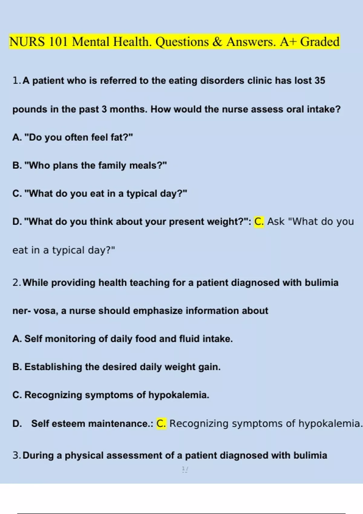 NURS 101 Mental Health. Questions & Answers. A+ Graded - NURS 101 ...