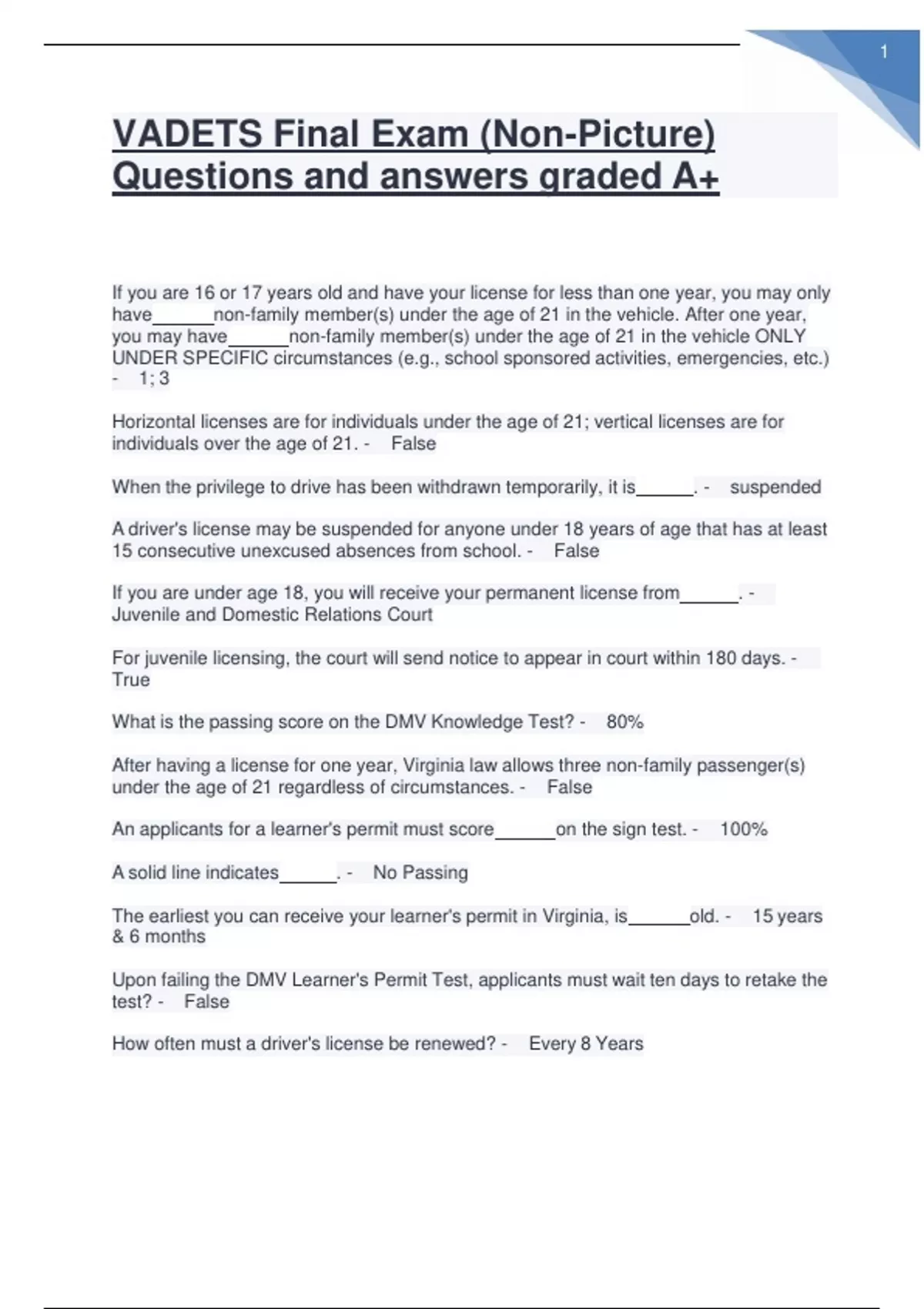 VADETS Final Exam (Non-Picture) Questions and answers graded A+ ...