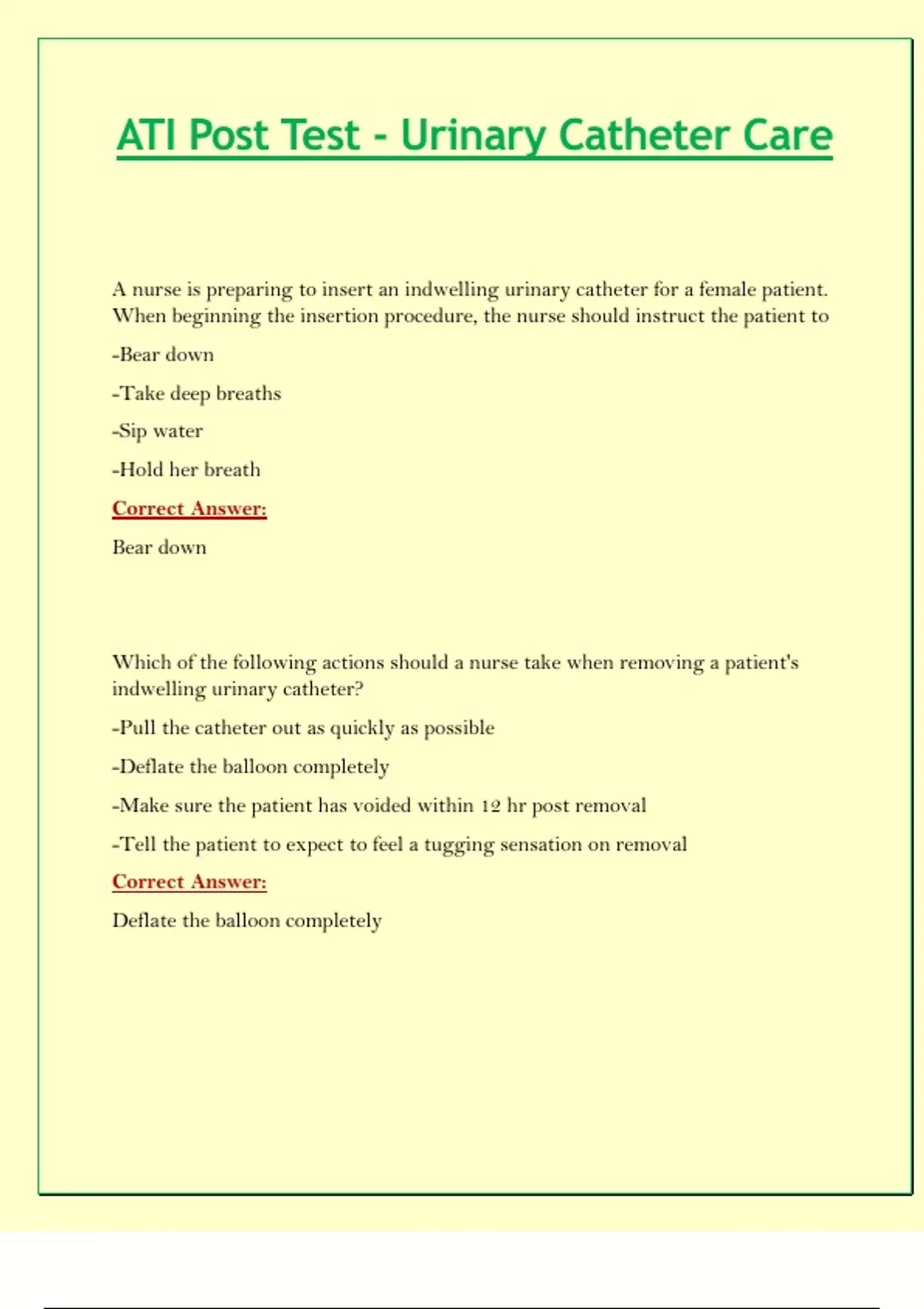 ATI Post Test - Urinary Catheter Care - ATI Course - Stuvia US