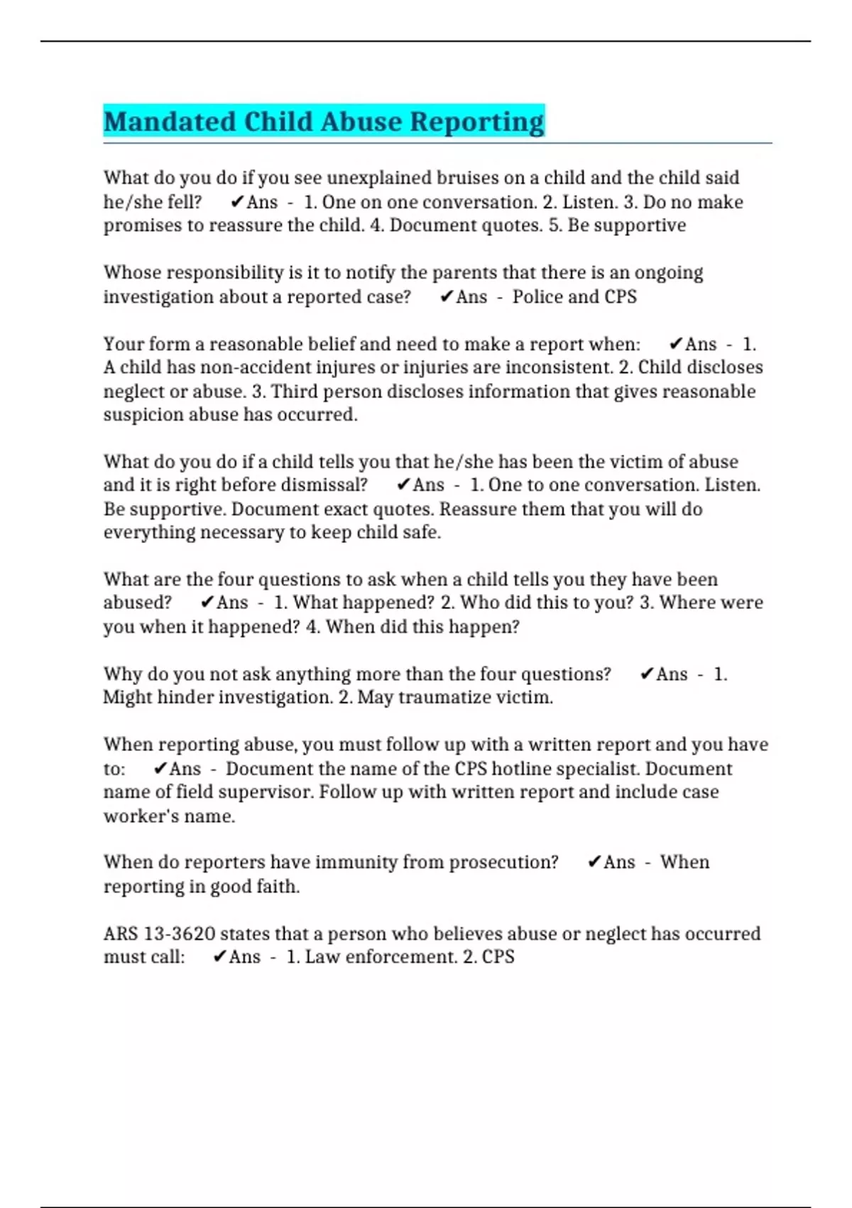 Mandated Child Abuse Reporting - Mandated Child Abuse Reporting - Stuvia US