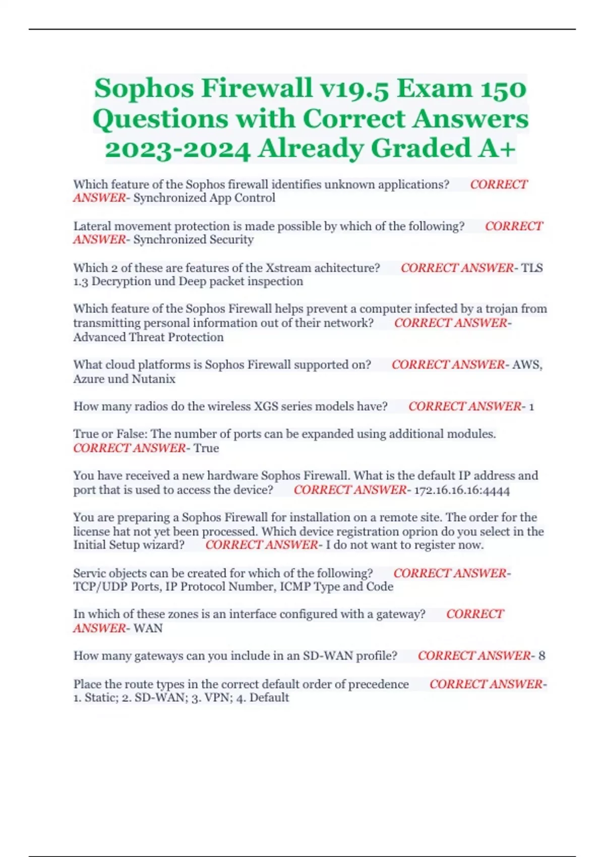 Sophos Firewall v19.5 Exam 150 Questions with Correct Answers Already ...