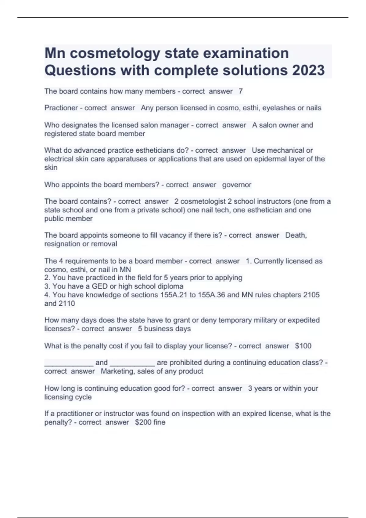 Mn cosmetology state examination Questions with complete solutions 2023/2024 - MN - Stuvia US
