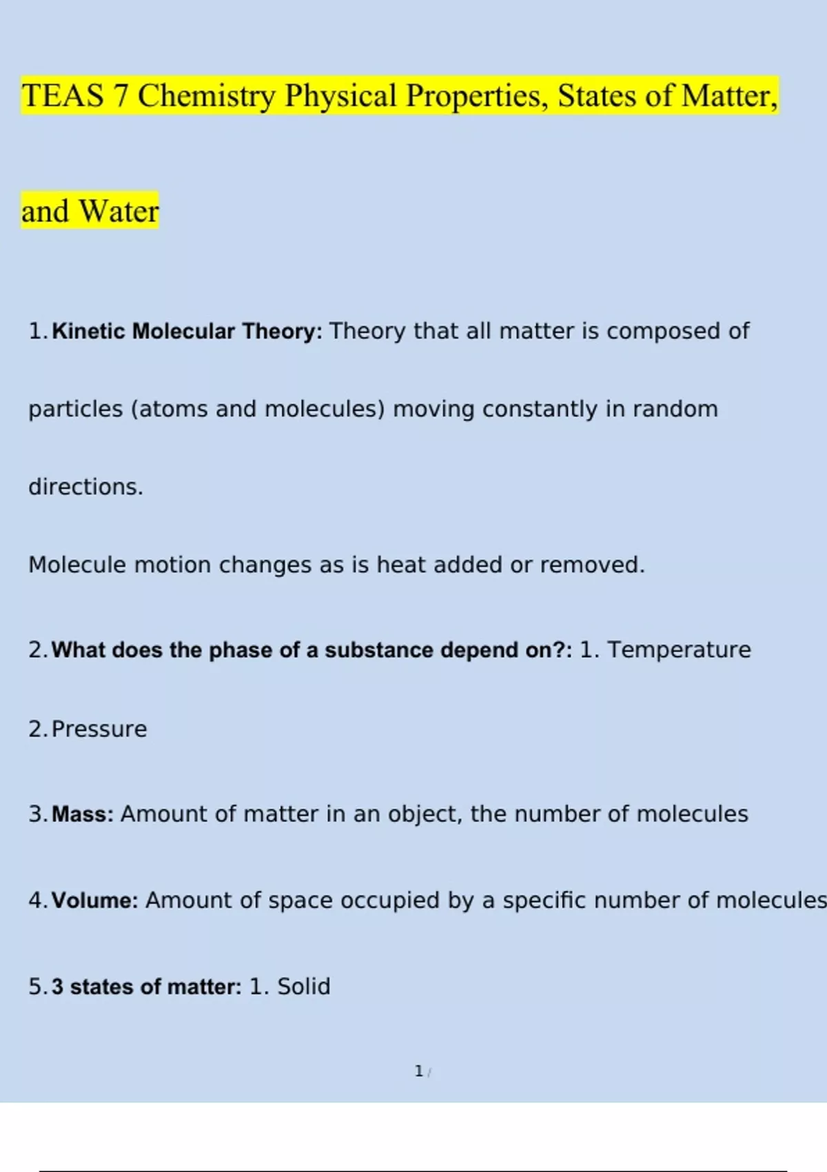 TEAS 7 Chemistry Physical Properties, States of Matter, and Water ...