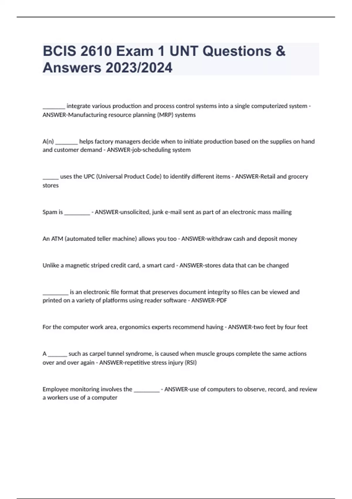 BCIS 2610 Exam 1 UNT Questions & Answers 2023/2024 - BCIS 2610 - Stuvia US