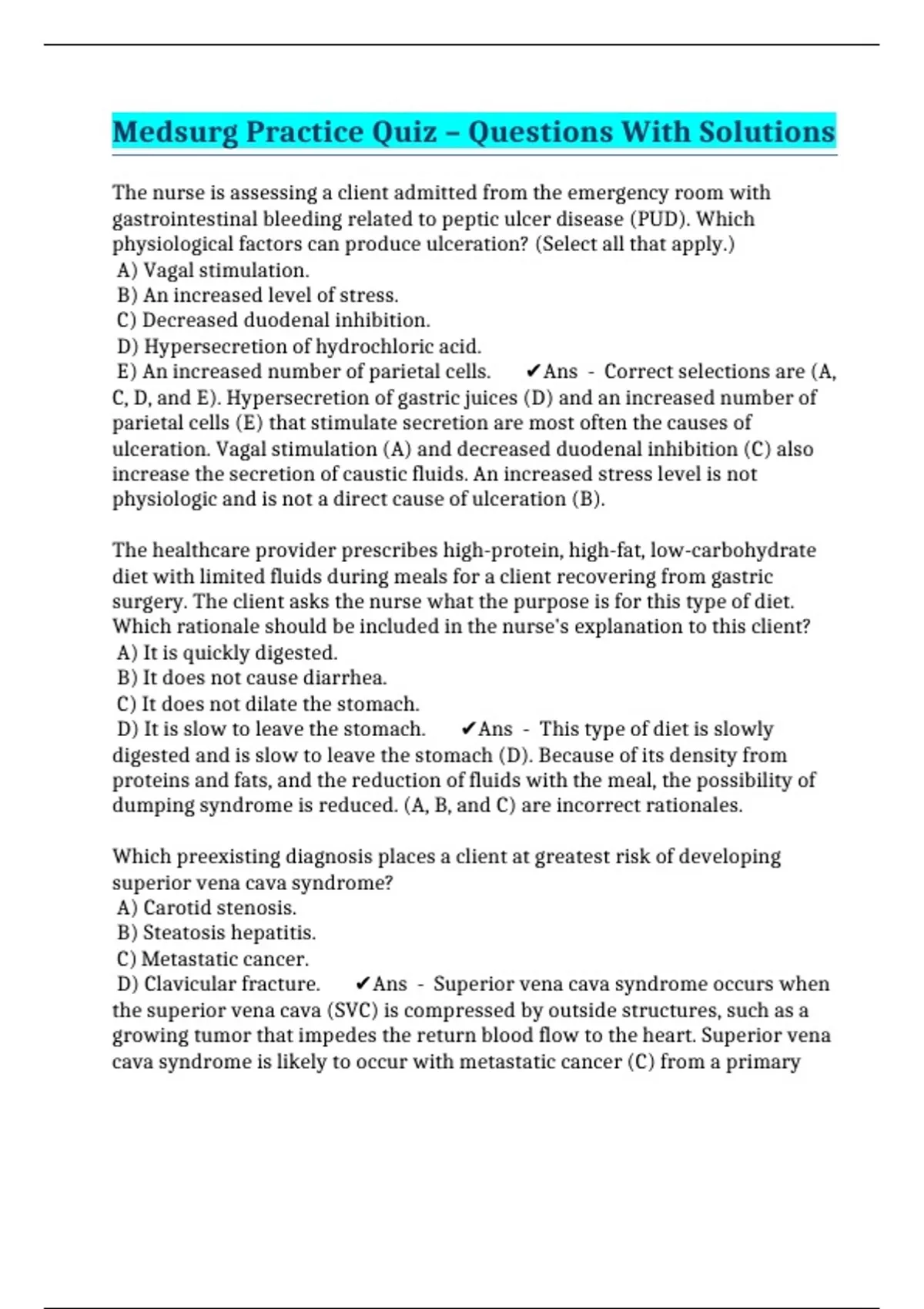Medsurg Practice Quiz – Questions With Solutions - BSN 266 - Stuvia US