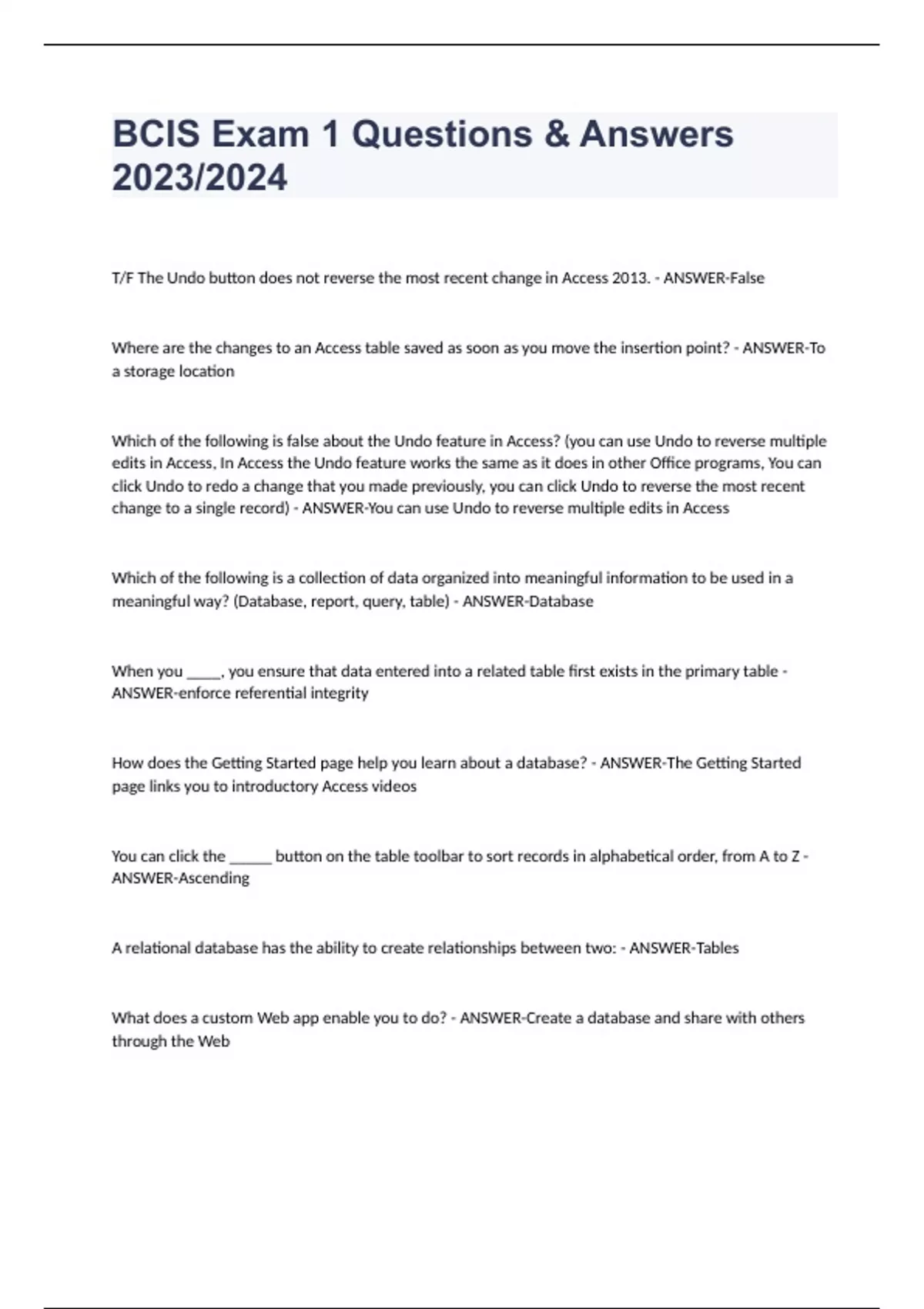 BCIS Exam 1 Questions & Answers 2023/2024 - BCIS - Stuvia US