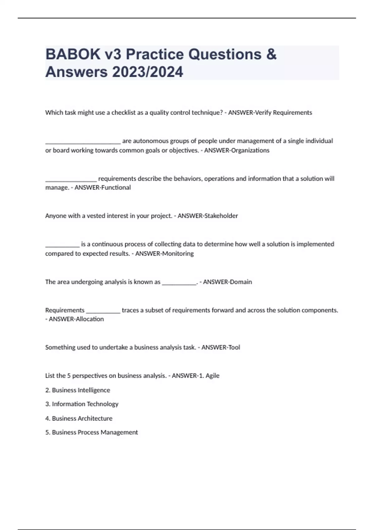 BABOK v3 Practice Questions & Answers 2023/2024 - BABOK v3 - Stuvia US