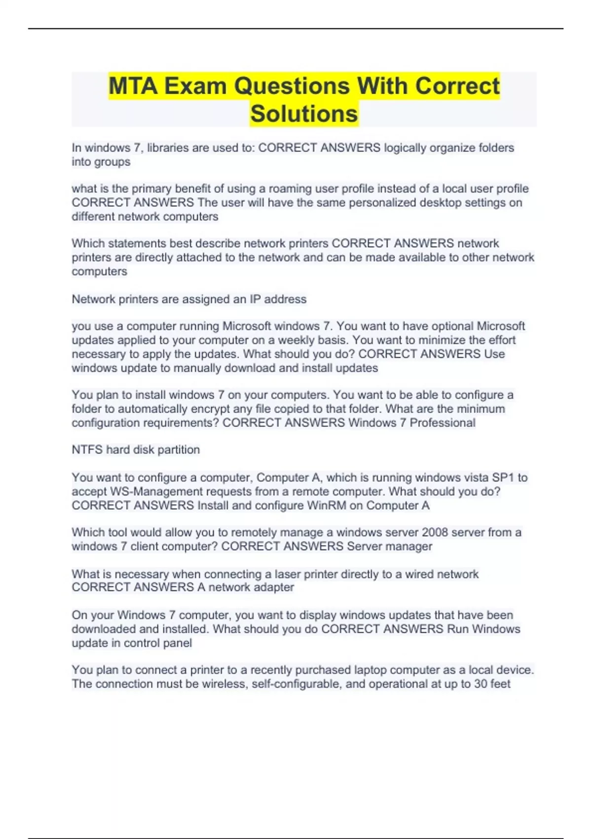 MTA Exam Questions With Correct Solutions - MTA - Microsoft Technology Associate - Stuvia US