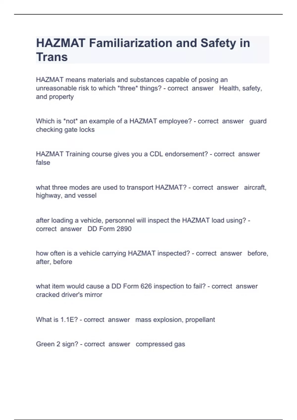 HAZMAT Familiarization and Safety in Trans Question and answers ...