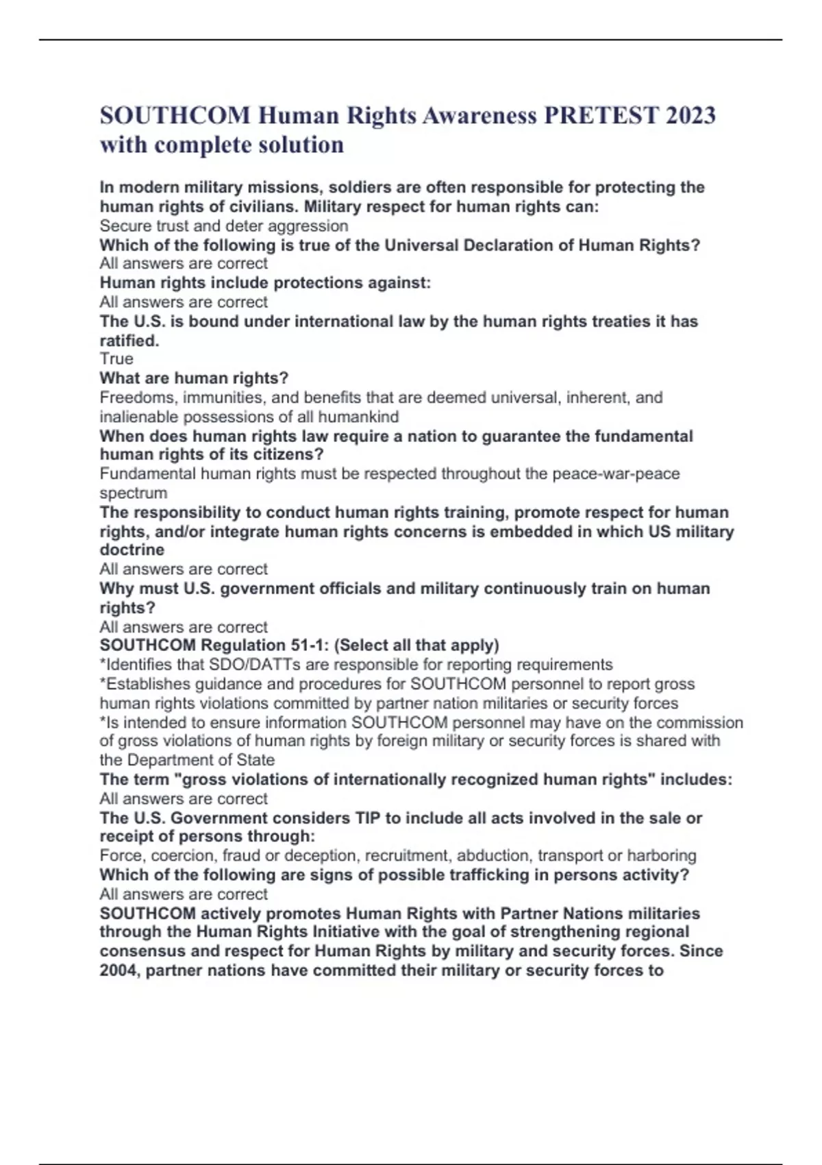 SOUTHCOM Human Rights Awareness PRETEST 2023 with complete solution ...