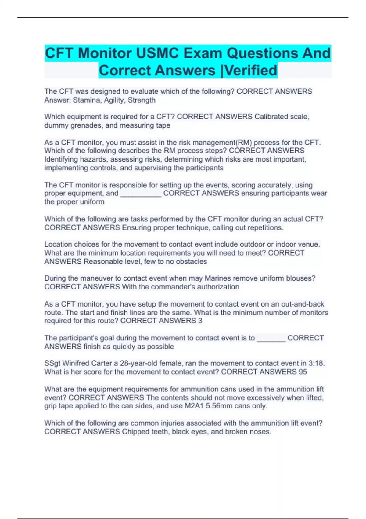 CFT Monitor USMC Exam Questions And Correct Answers |Verified - CFT ...