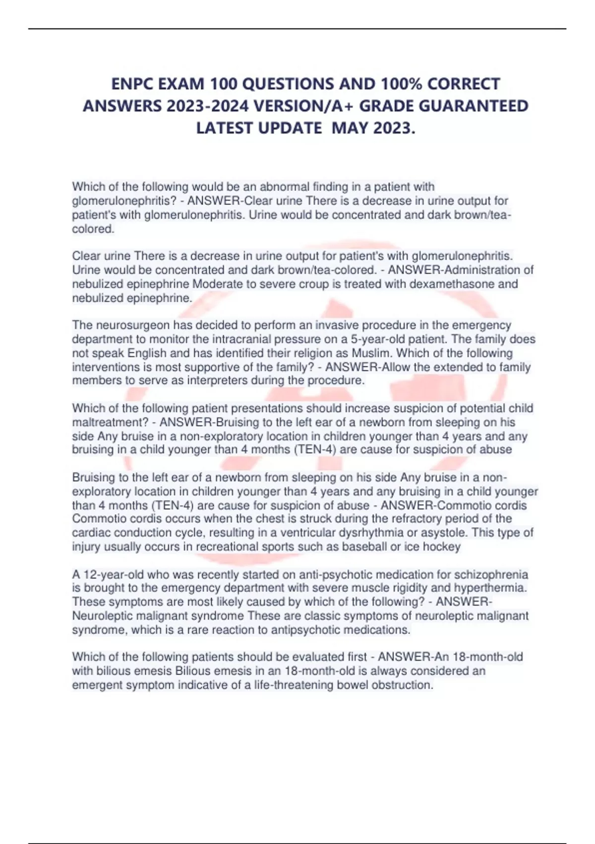 ENPC EXAM 100 QUESTIONS AND 100% CORRECT ANSWERS VERSION/A+ GRADE ...