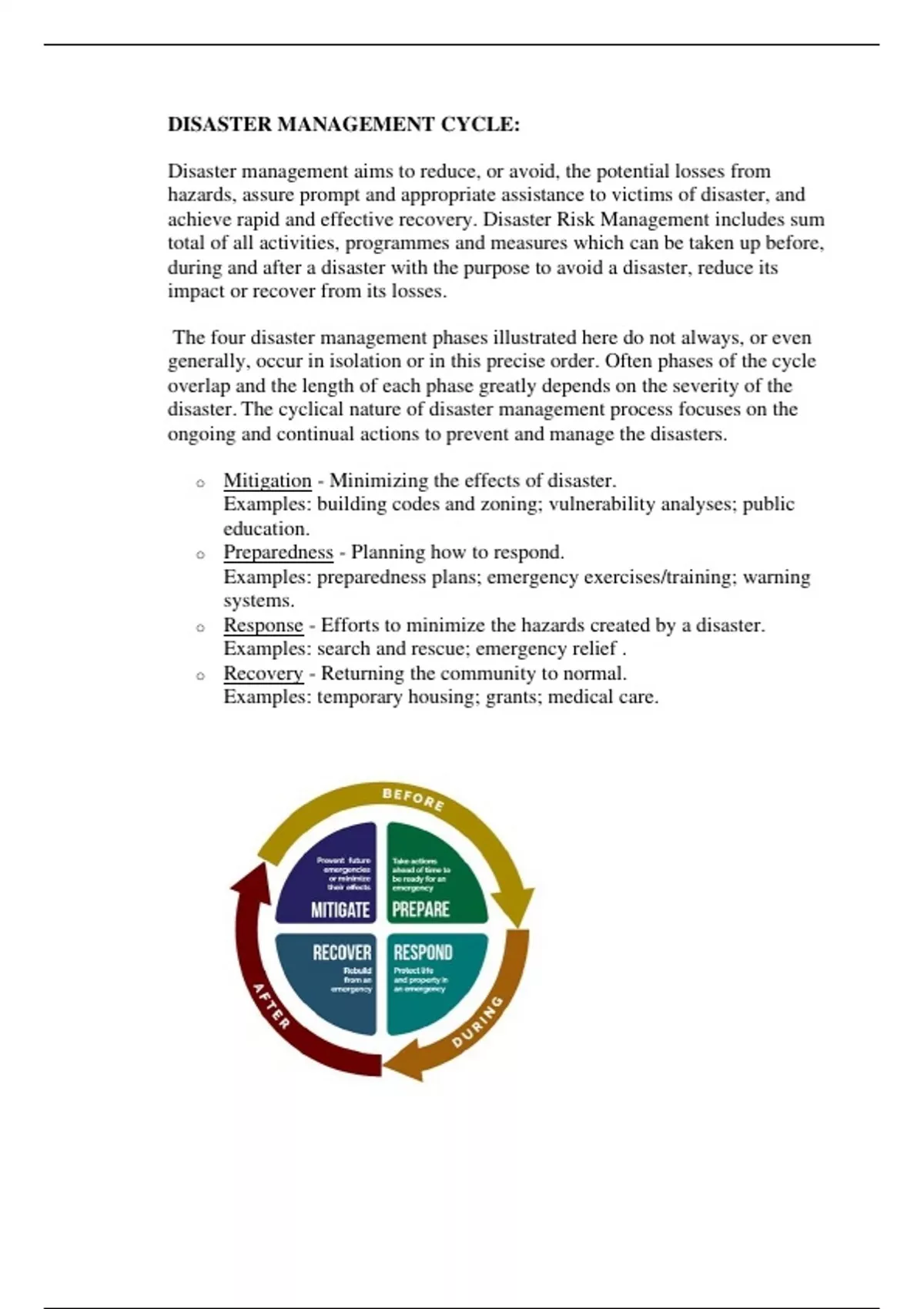 Summary DISASTER MANAGEMENT CYCLE - ENVIRONMENT AND DISASTER MANAGEMENT ...