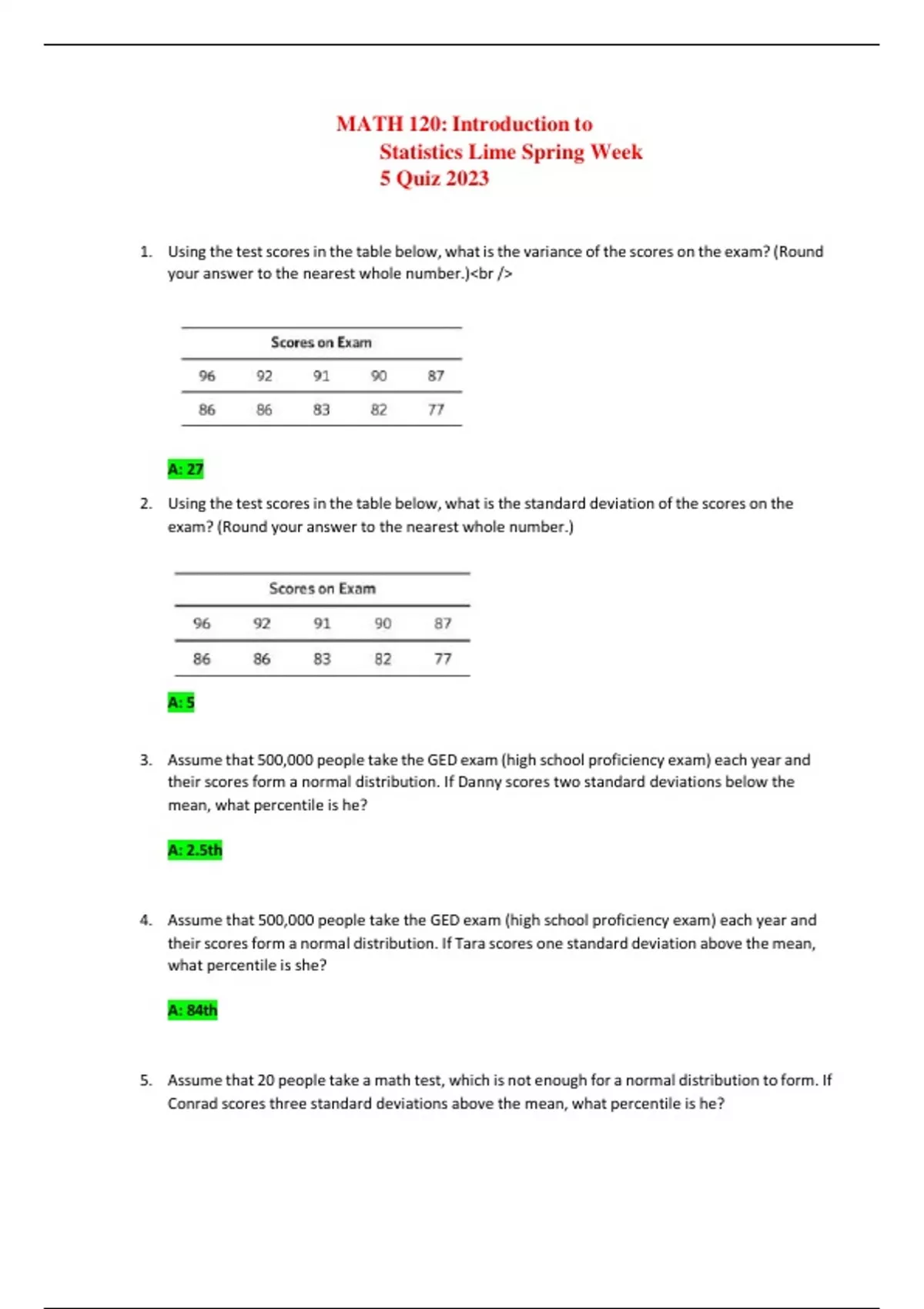 MATH 120: Introduction to Statistics Lime Spring Week 5 Quiz 2023 ...