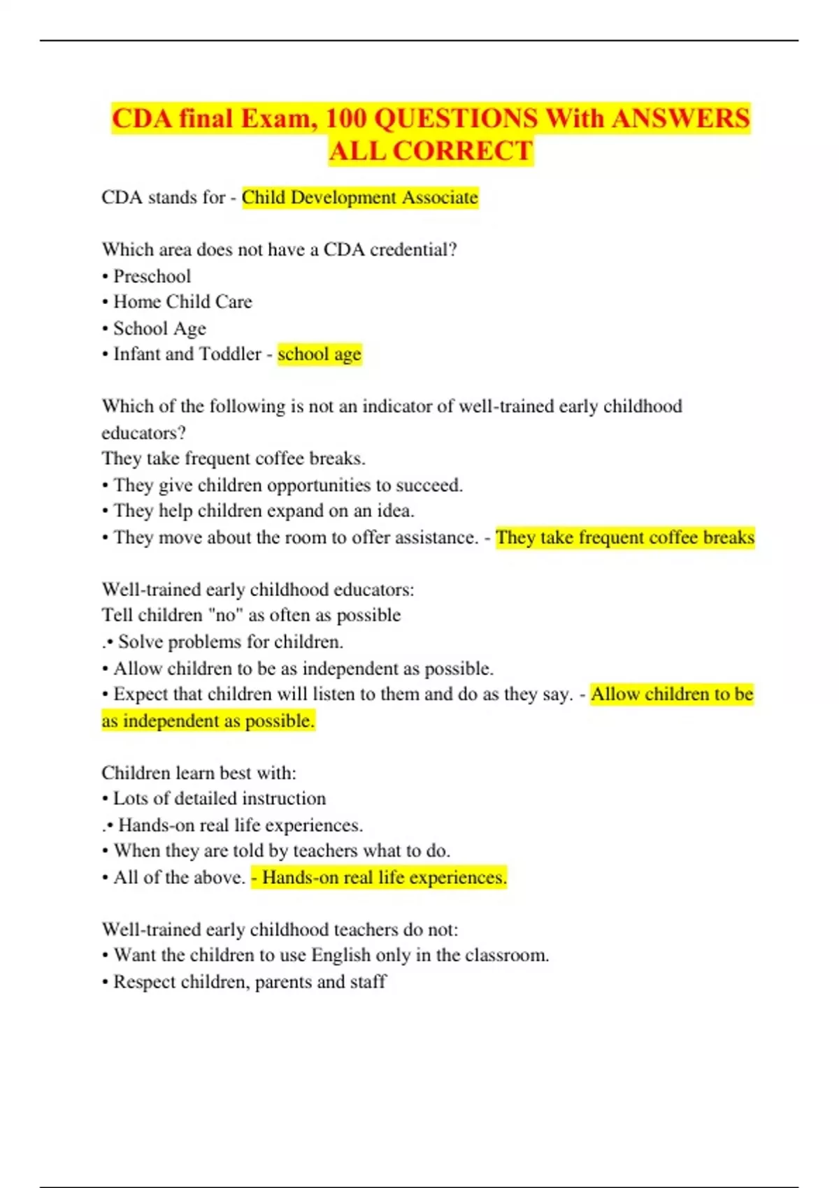 CDA final Exam, 100 QUESTIONS With ANSWERS ALL CORRECT - CDA - Stuvia US