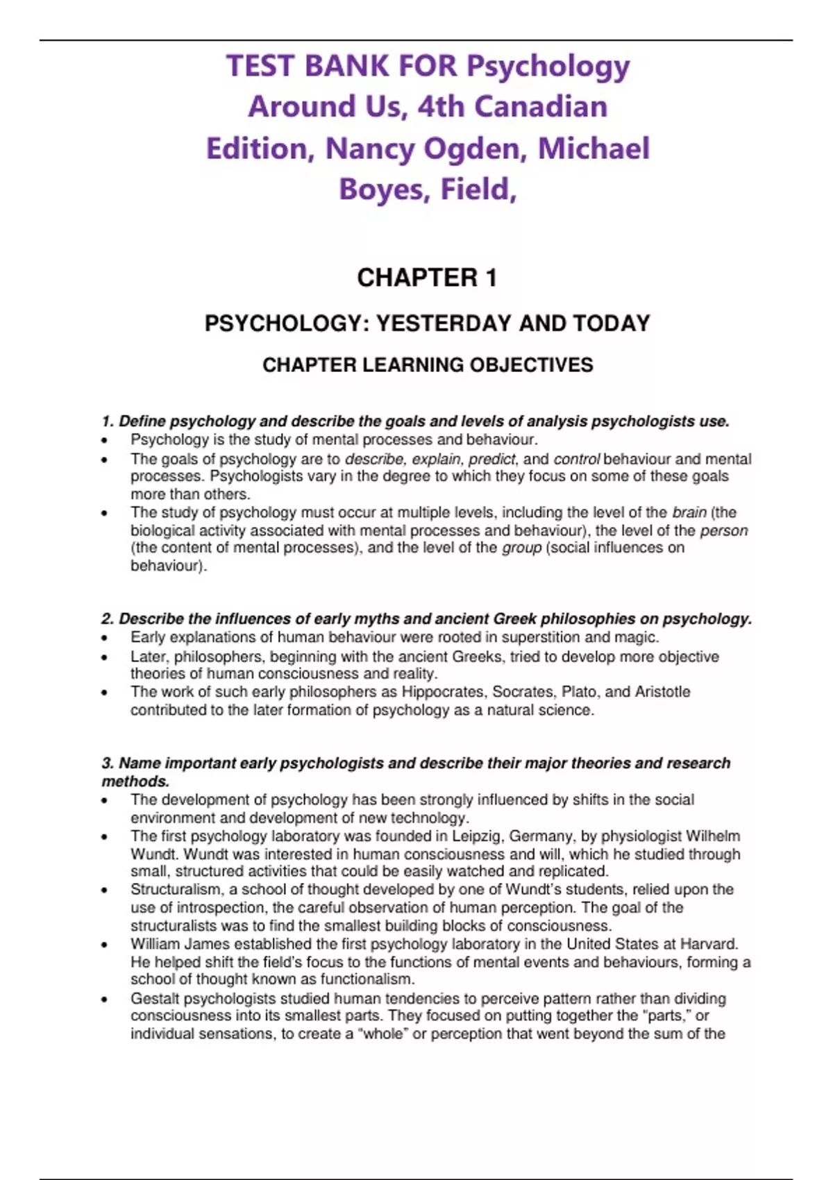 TEST BANK FOR Psychology Around Us, 4th Canadian Edition, Nancy Ogden ...