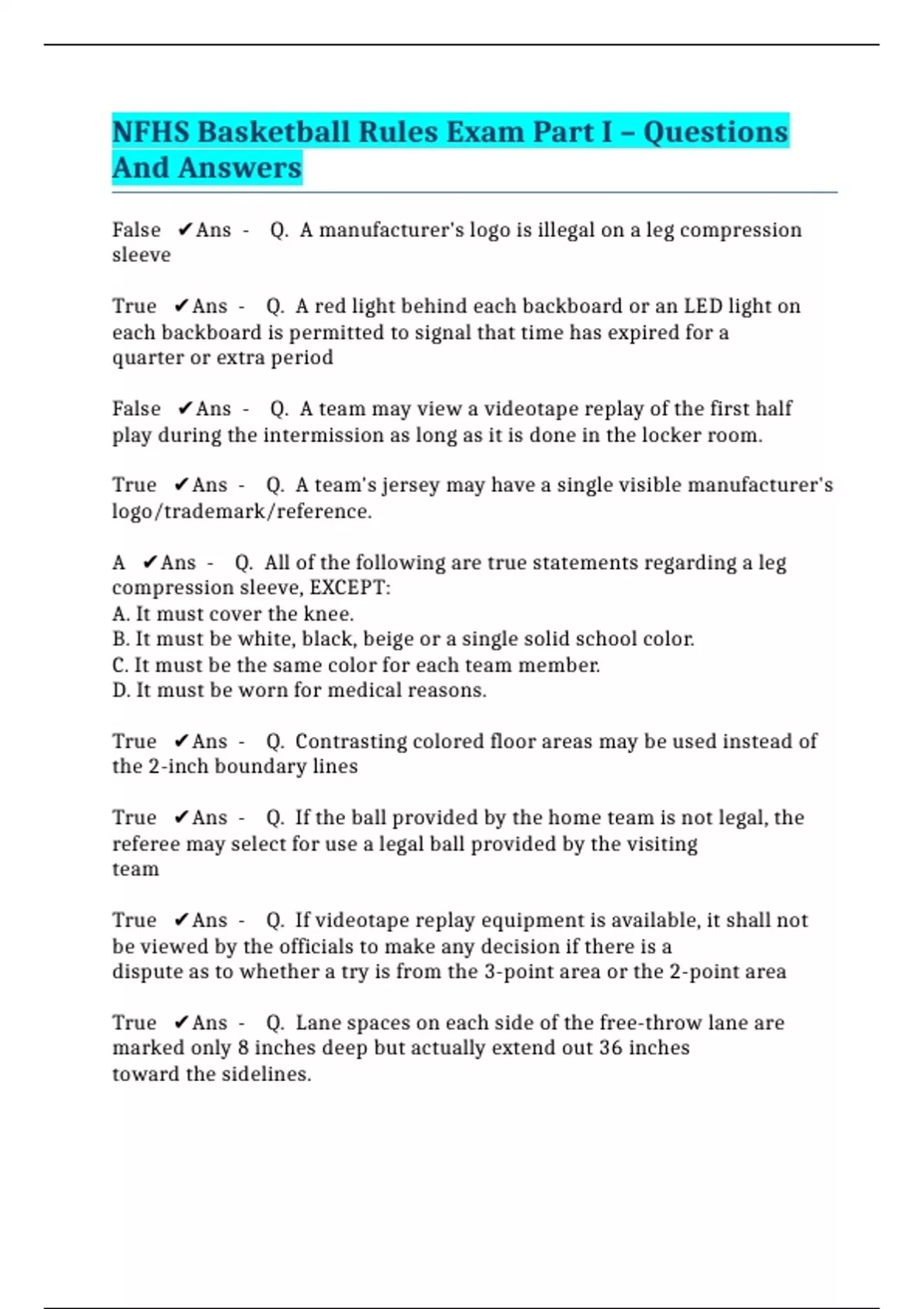 NFHS Basketball Rules Exam Part I – Questions And Answers - NFHS Basketball - Stuvia US